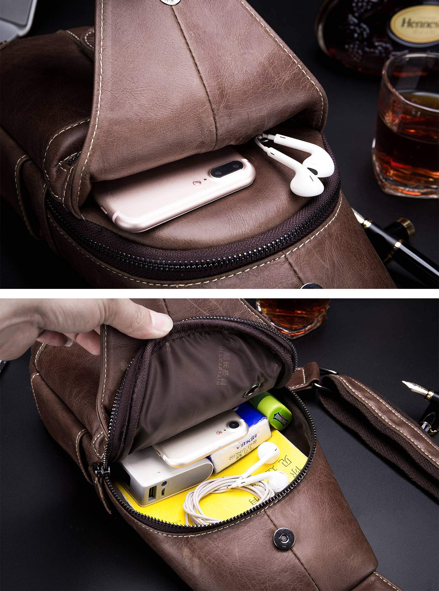 Genuine Leather Sling Bag,Full Grain Leather Chest Bag Casual Crossbody Shoulder Backpack Travel Hiking Vintage Daypacks for Men