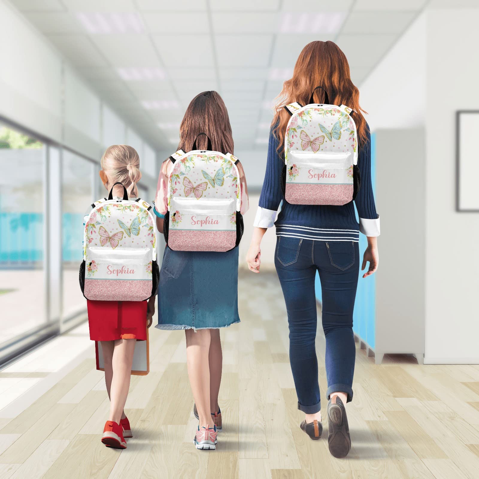 Personalized School Backpack,Floral Butterfly Pink Glitter Custom Casual 17 Inch Durable Bag for Girls Boys