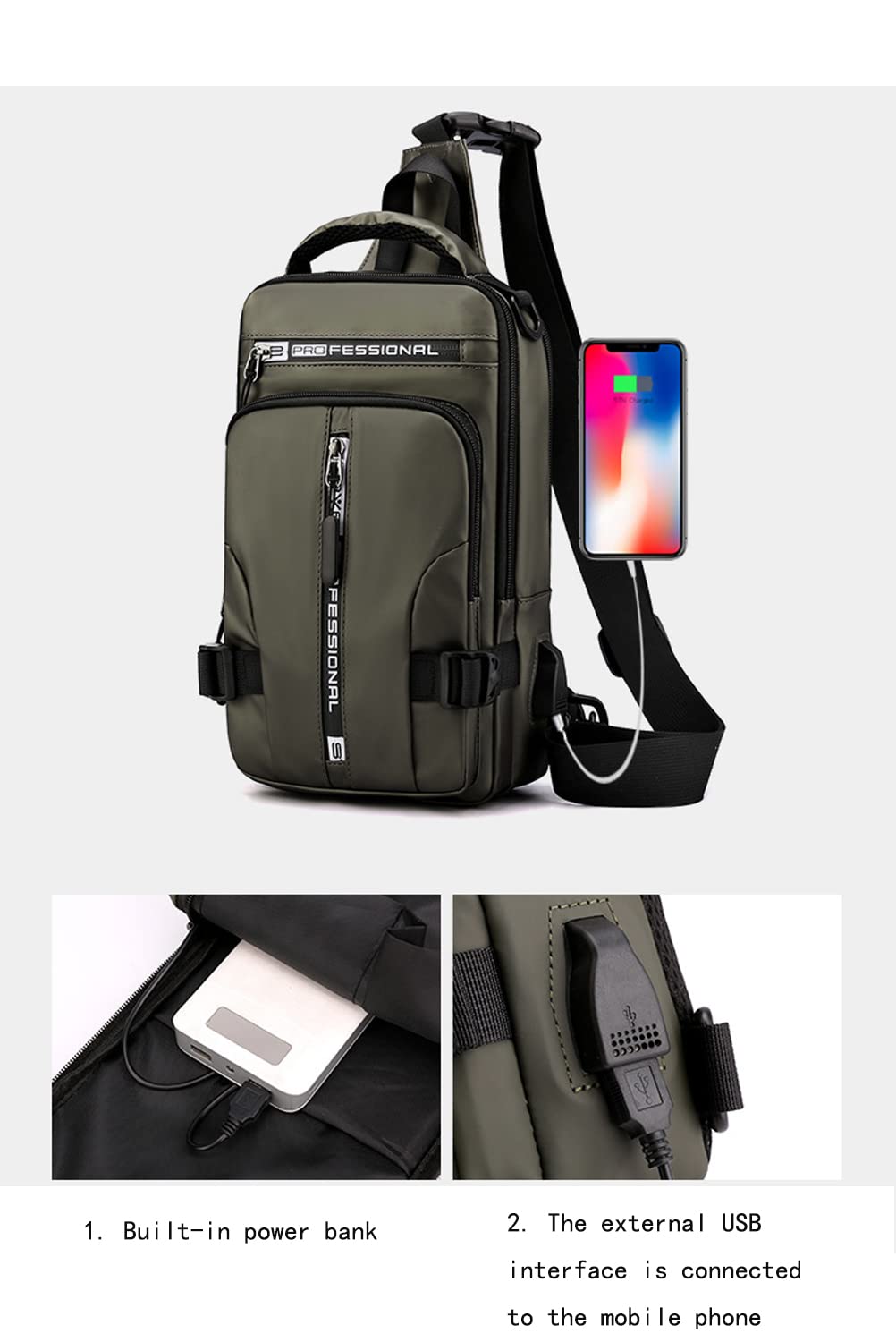WZCSLM Sling Bag for Men Women Shoulder Backpack Chest Bags Crossbody Daypack with USB Cable for Hiking Camping Outdoor Trip (ArmyGreen)