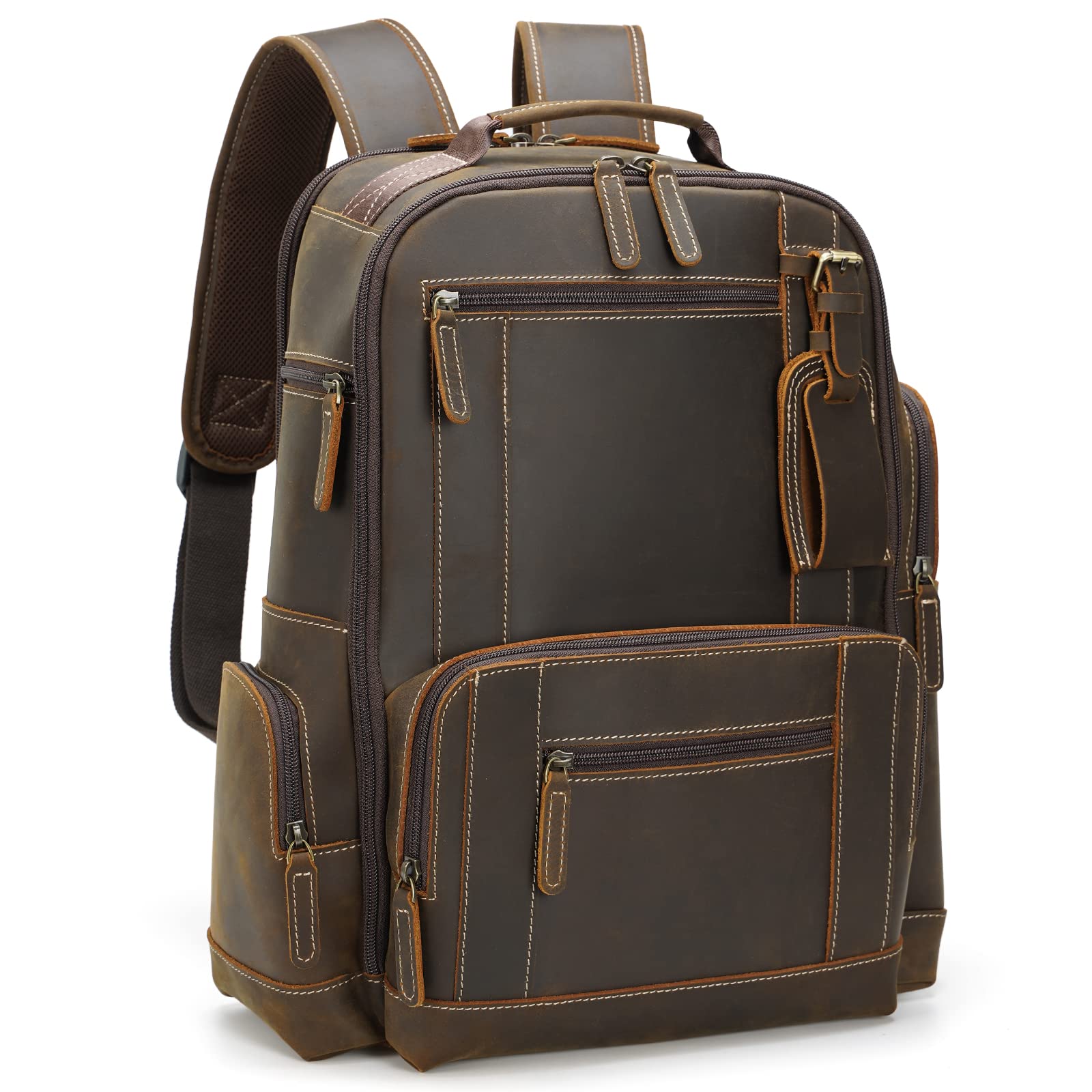 Compalo Leather Backpack for Men, Full Grain Genuine Leather 15.6 Inch Travel Backpack Laptop Bag for Work, Business, Camping, Hiking Backpack Rucksack Brown