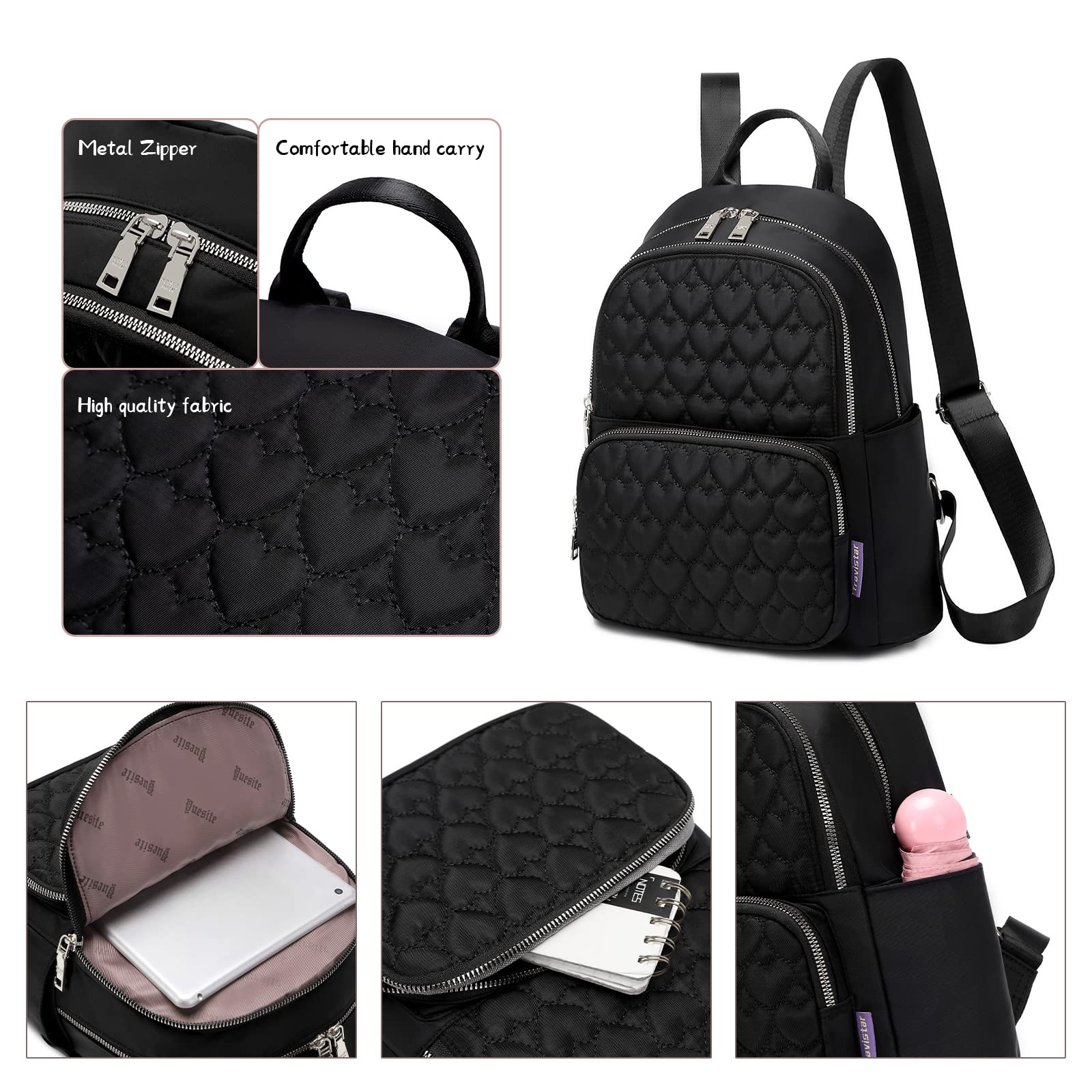 MYHOZEE Backpack for Women, Quilted Nylon Travel Backpack Purse Black Small Bag Teen Daypack Heart