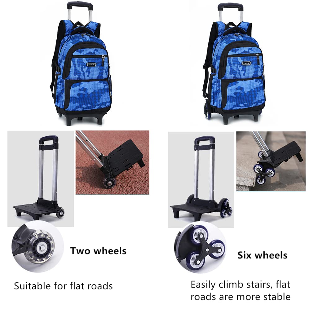 LAMOGRAFY Camo Prints Kids Rolling Backpack Trolley Schoolbag Wheeled Travel suitcase Boys Blue-six Wheels