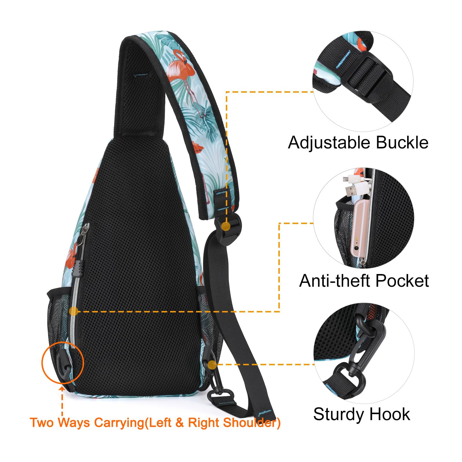 MOSISO Mini Sling Backpack,Small Hiking Daypack Pattern Travel Outdoor Sports Bag, Flamingo