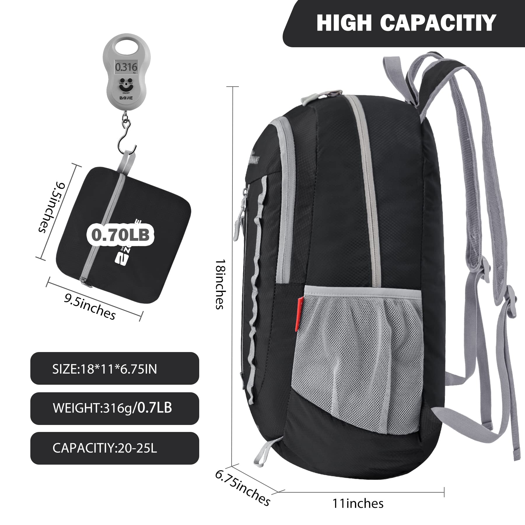 ZOMAKE Packable Hiking Backpack Water Resistant:32L Lightweight Foldable Backpacks - Small Packable Back Pack for Travel Camping Hiking Women Men (Black)