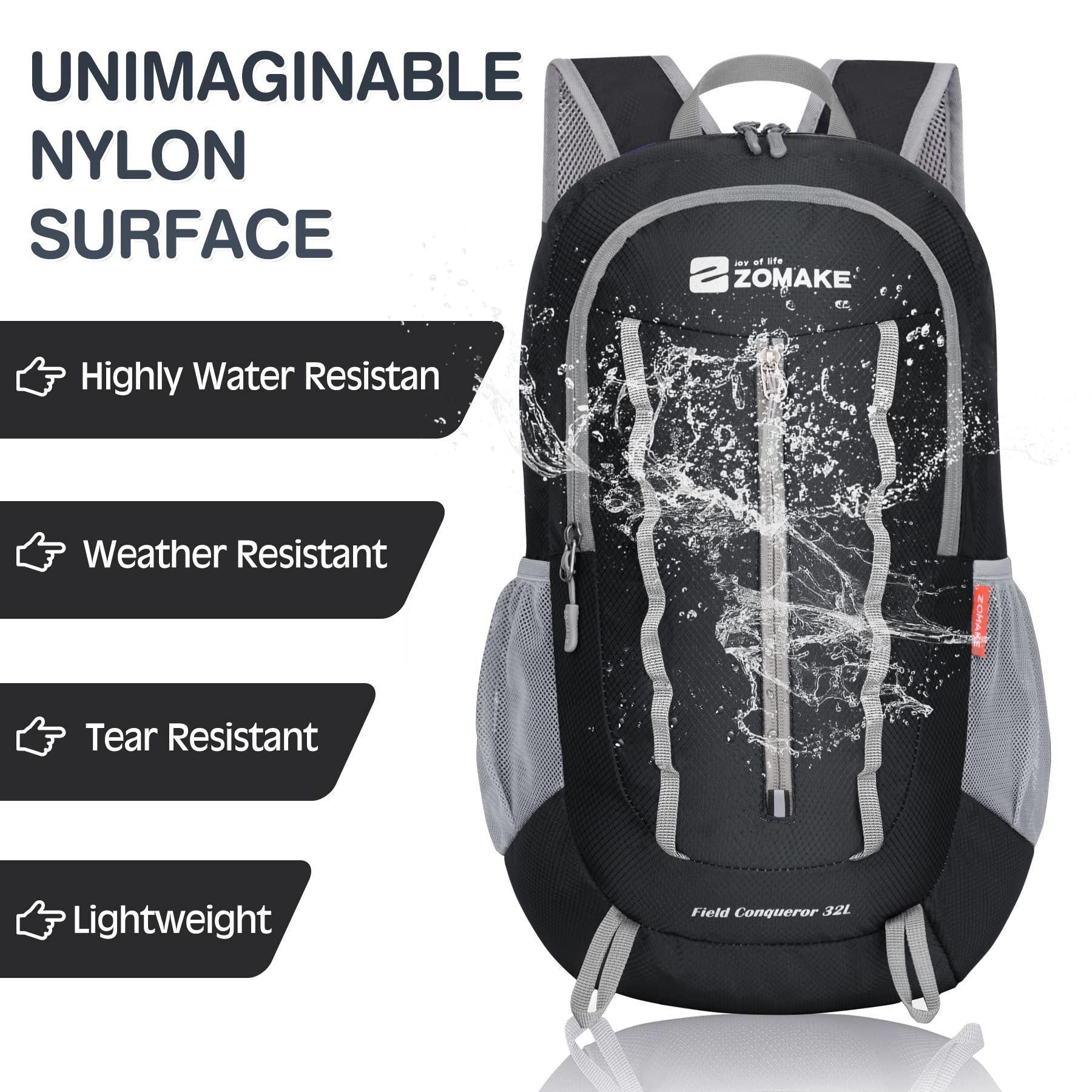 ZOMAKE Packable Hiking Backpack Water Resistant:32L Lightweight Foldable Backpacks - Small Packable Back Pack for Travel Camping Hiking Women Men (Black)