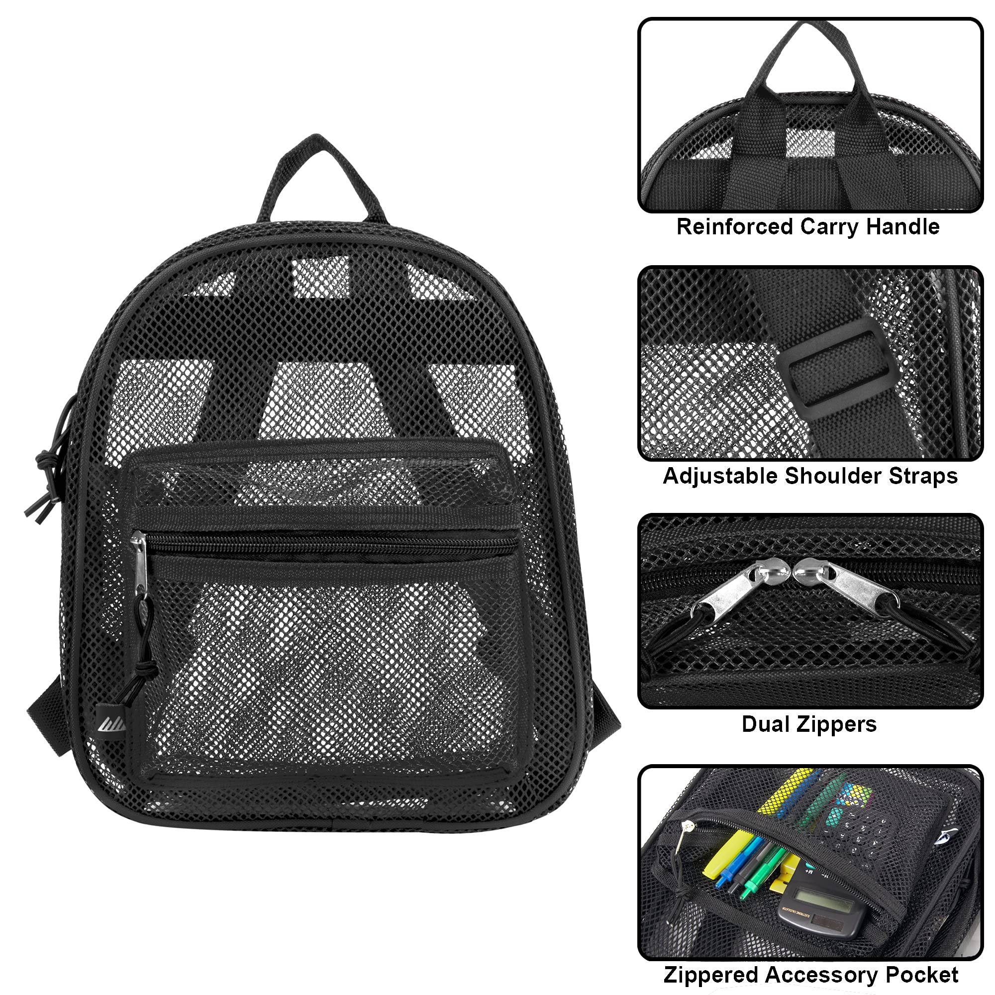 Mini Mesh Backpack for Women, Girls, Kids for School, Beach Toys, Pool, and Swimming Gear; Mini Transparent Backpacks with Padded Straps (Black)