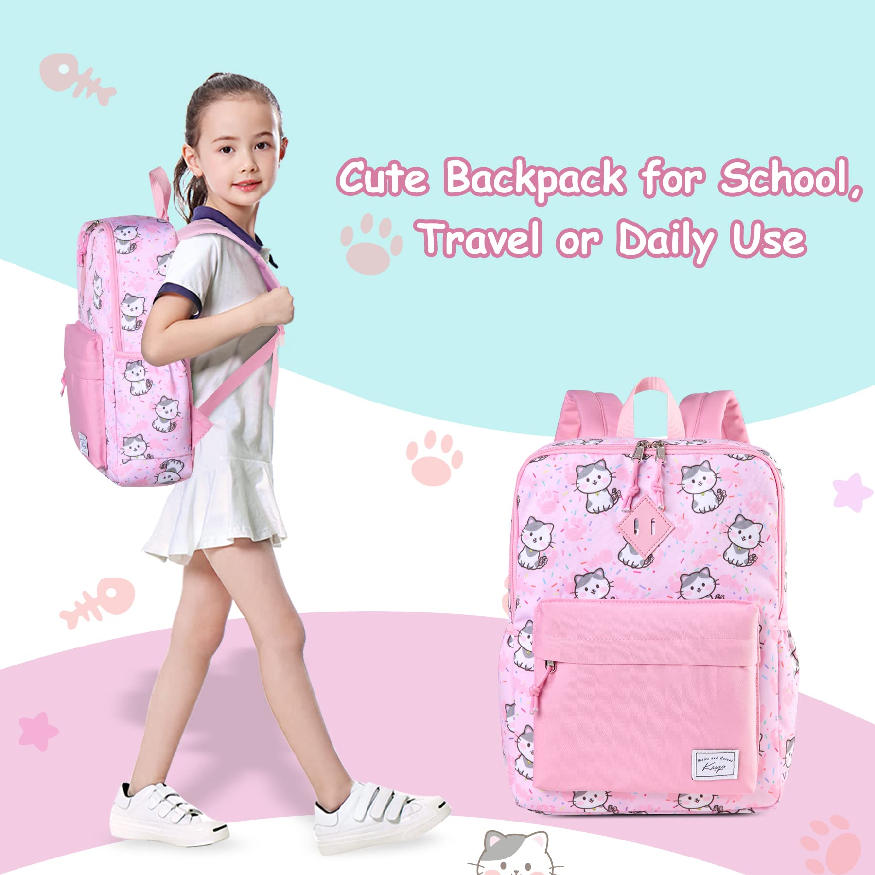 Kasqo Kids Backpack, Lightweight Water-Resistant Preschool Bookbags for Little Girls with Chest Strap, Pink Cat