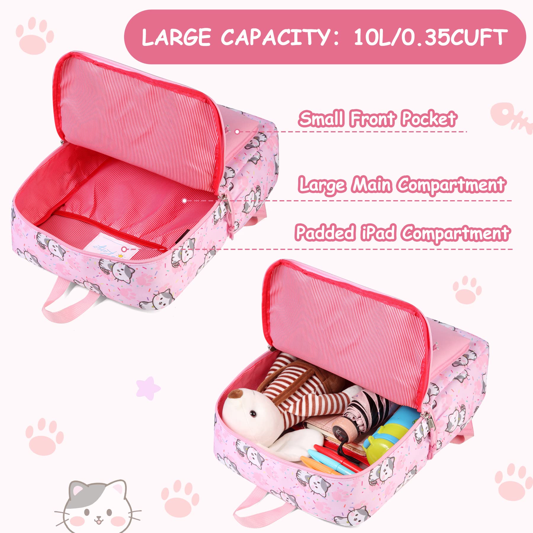 Kasqo Kids Backpack, Lightweight Water-Resistant Preschool Bookbags for Little Girls with Chest Strap, Pink Cat