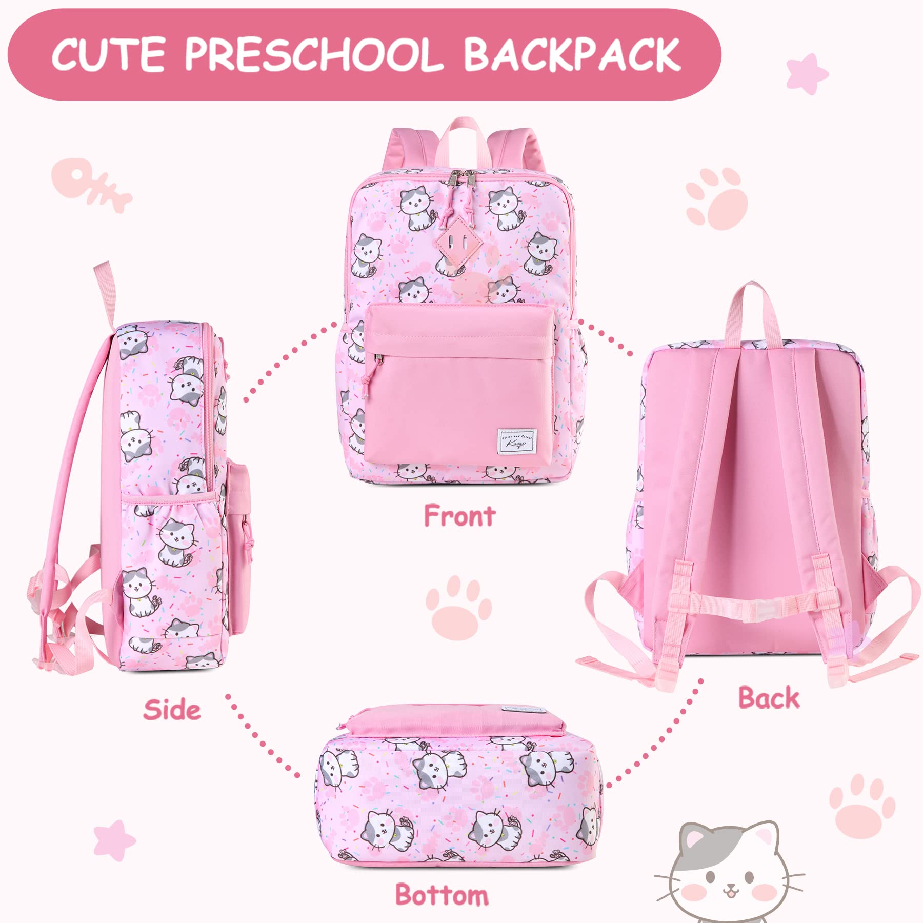 Kasqo Kids Backpack, Lightweight Water-Resistant Preschool Bookbags for Little Girls with Chest Strap, Pink Cat