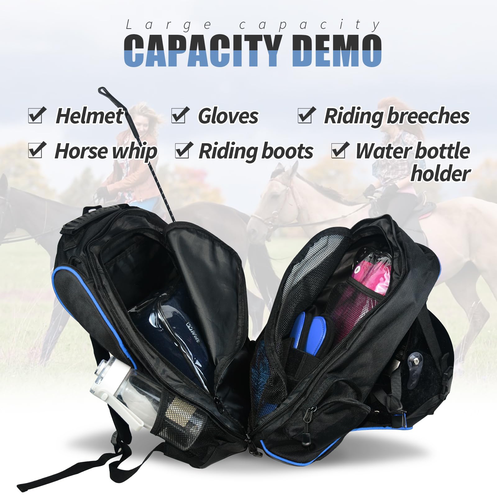 Large capacity equestrian horse riding gear horseback riding bag grooming tote bag equestrian backpack with helmet holder ringside equipment casual daypack backpacks