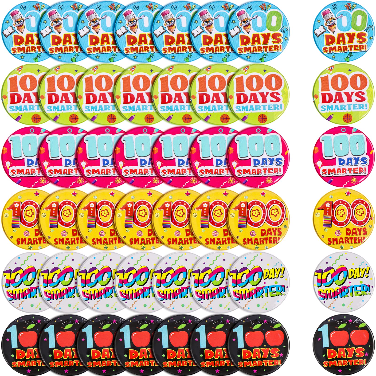 PIAOPIAONIU 48 Pcs 100th Days of School Buttons Pin Celebrate 100 Days of School Smarter Badges for Kids Round School Badges Button Pinback for School Party Teacher Reward-6 Styles