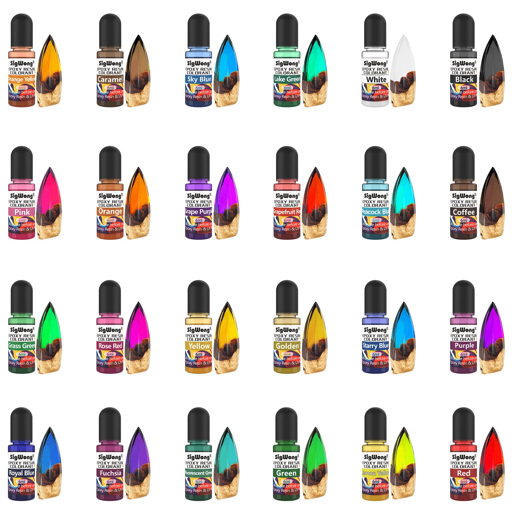 Epoxy Resin Pigment - 24 Colors Liquid Translucent Epoxy Resin Colorant, Highly Concentrated Epoxy Resin Dye for DIY Jewelry Making, Paint, Craft - 6ml Each, with 6 Colors Resin Glitter