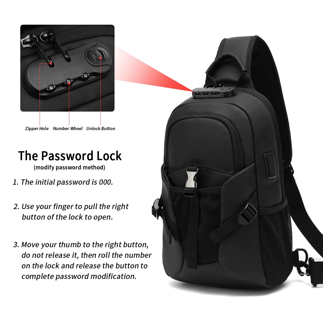 Xinteorao Anti Theft Sling Bag for Men Waterproof Crossbody Shoulder Bag Backpack with USB Charging Port Black