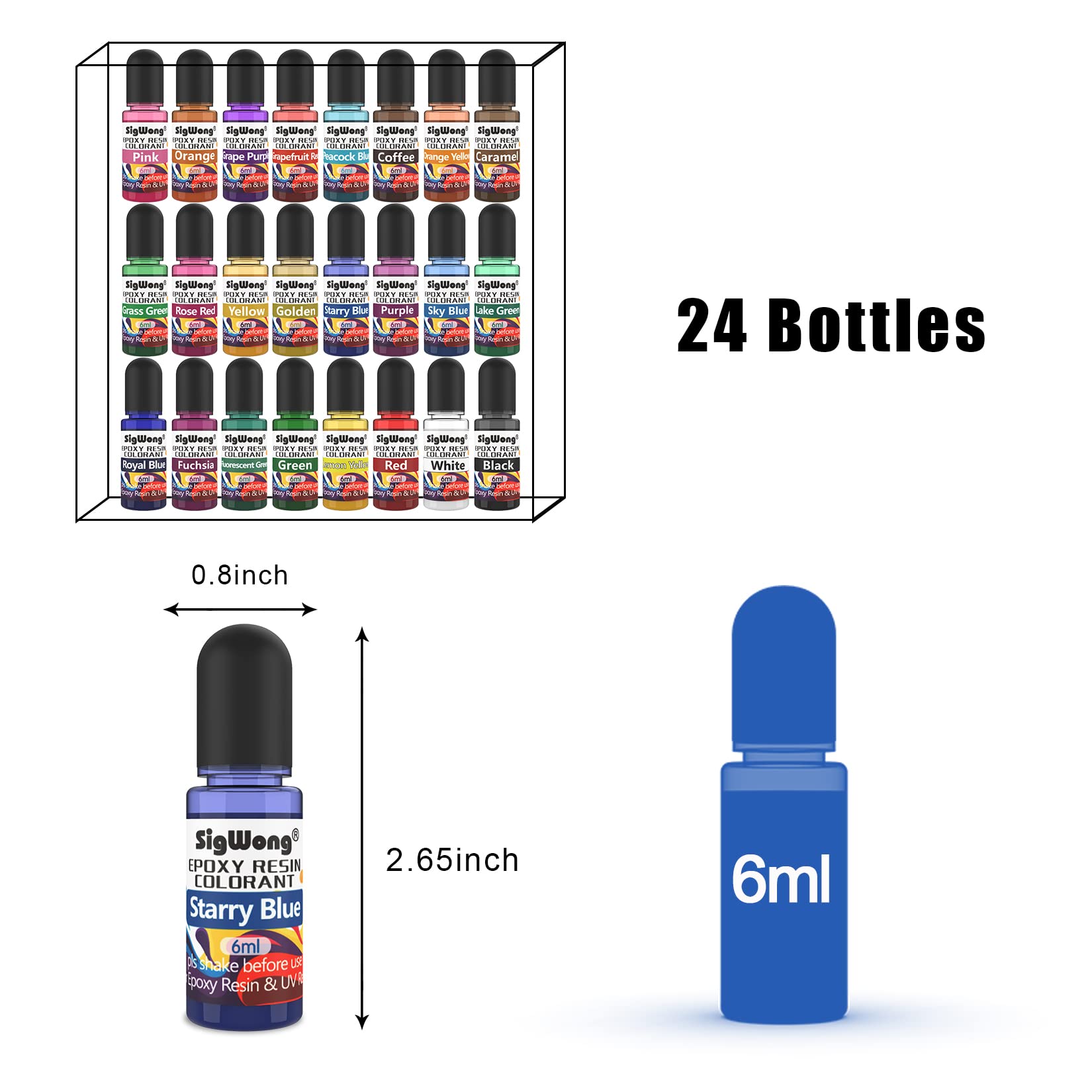 Epoxy Resin Pigment - 24 Colors Liquid Translucent Epoxy Resin Colorant, Highly Concentrated Epoxy Resin Dye for DIY Jewelry Making, Paint, Craft - 6ml Each, with 6 Colors Resin Glitter