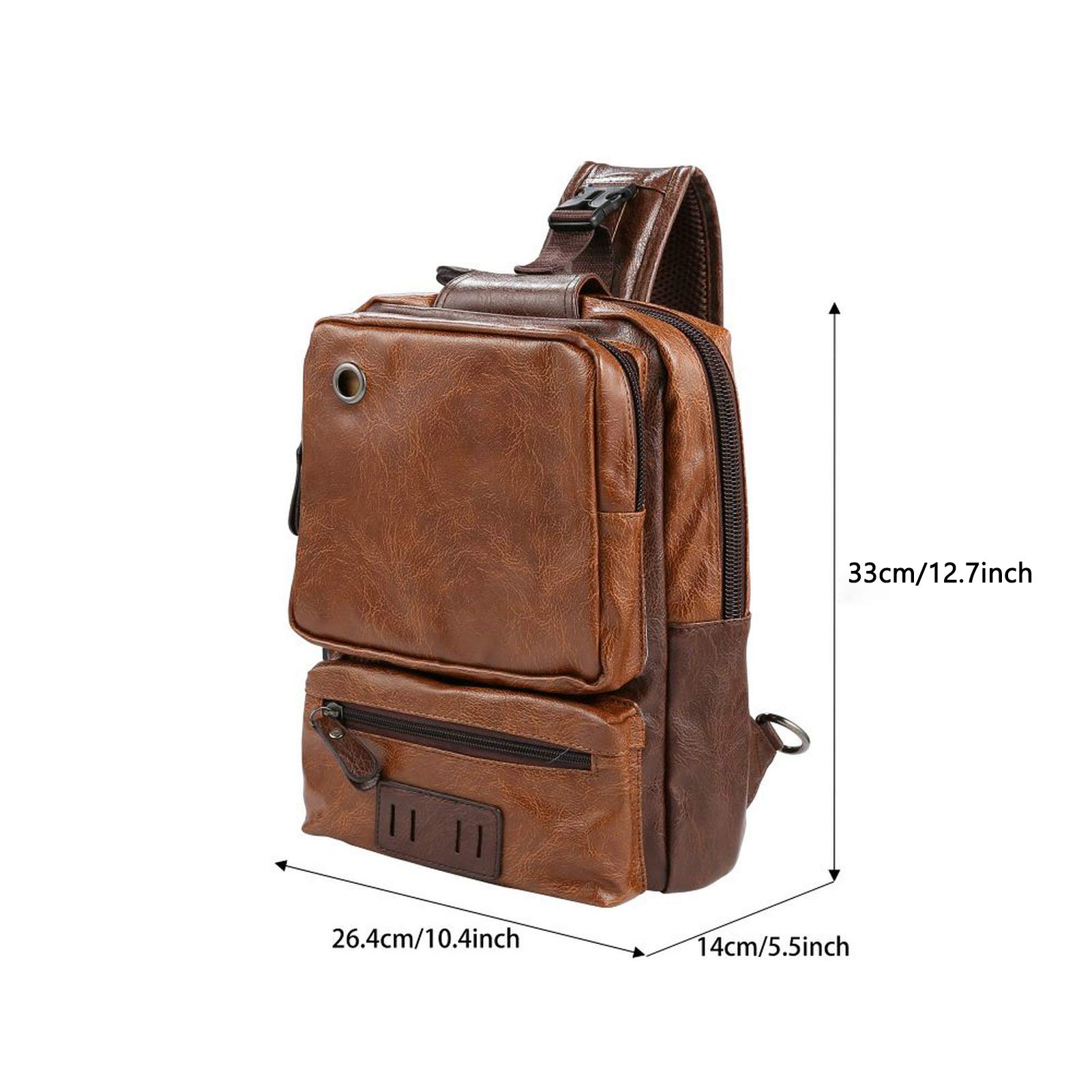 Men's Sling Bag, Crossbody PU Leather Shoulder Backpack with USB Charging Port, Vintage Chest Bag for Men(Brown)