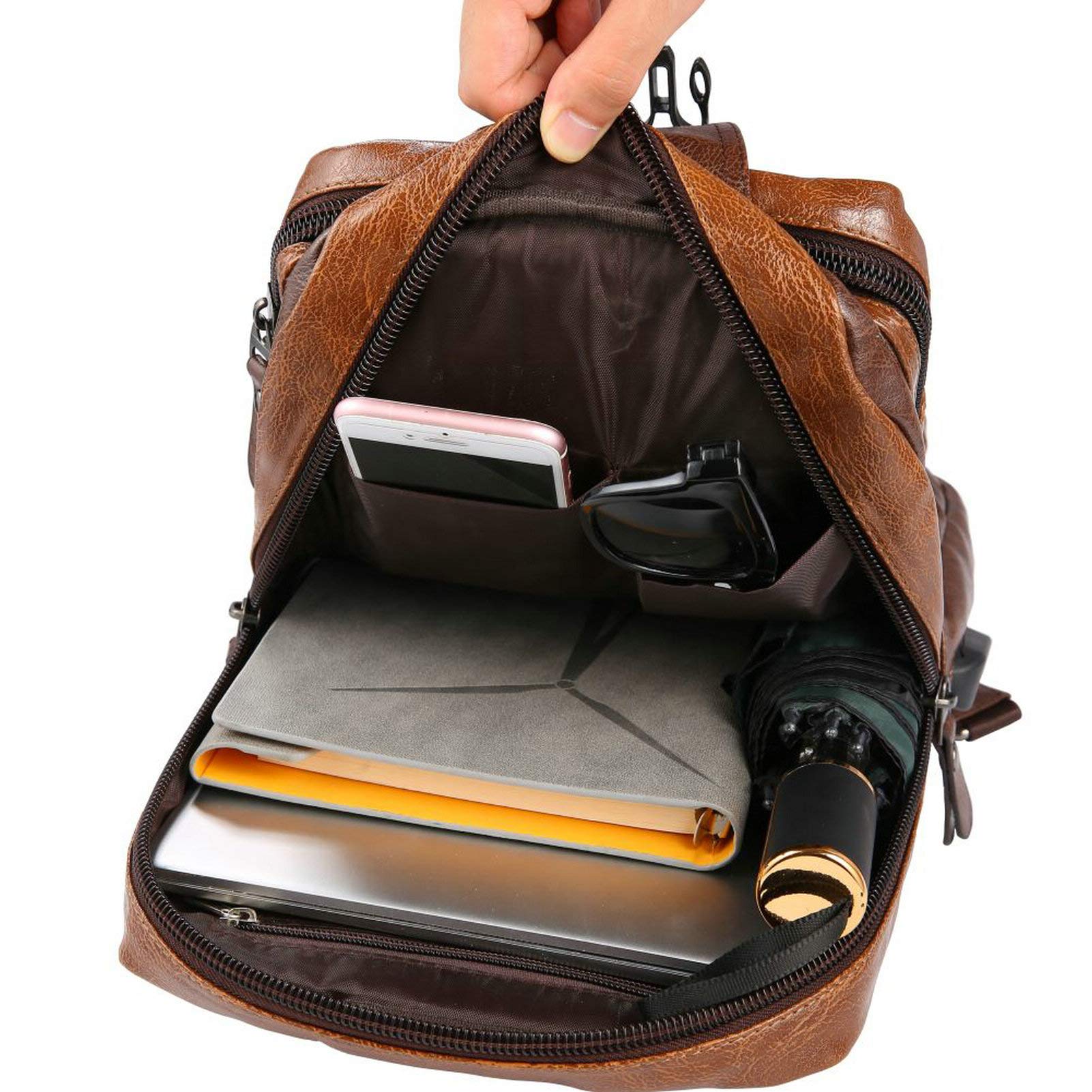 Men's Sling Bag, Crossbody PU Leather Shoulder Backpack with USB Charging Port, Vintage Chest Bag for Men(Brown)