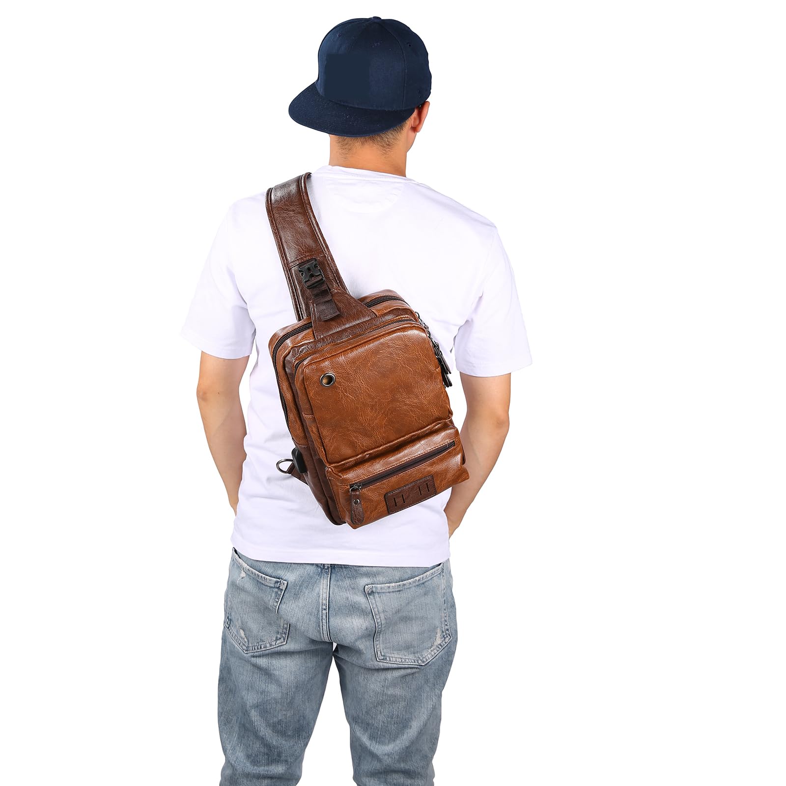 Men's Sling Bag, Crossbody PU Leather Shoulder Backpack with USB Charging Port, Vintage Chest Bag for Men(Brown)