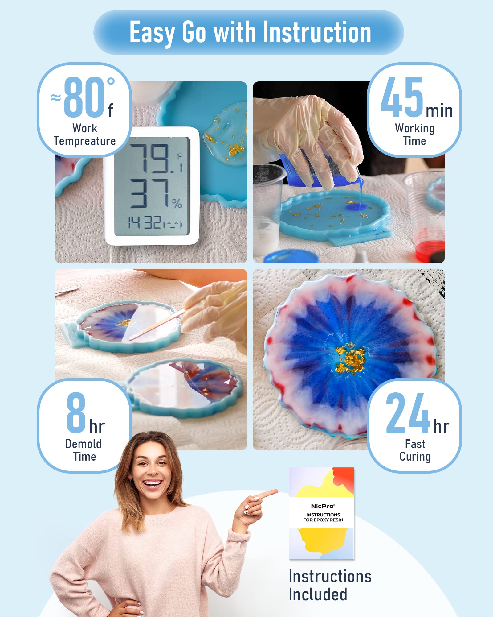 Nicpro 2 Gallon Crystal Clear Epoxy Resin Kit, High Gloss & Bubbles Free Art Resin SuppliesĀ for Coating and Casting, Craft DIY, Wood, Table Top, Bar Top, Molds, River Tables with Cups, Sticks, Gloves