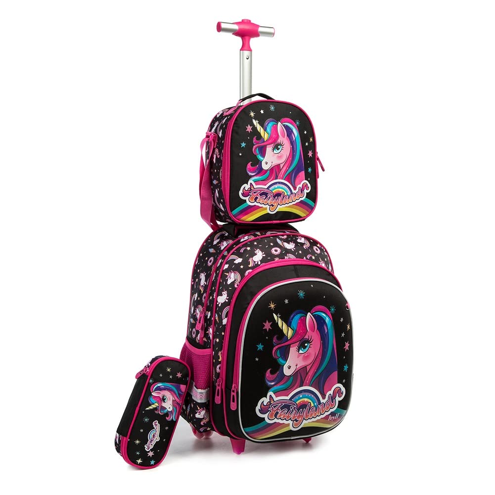 3 PCs Rolling Backpack with Lunch Bag Pencil Case, 16 inch Lightweight Roller Backpacks for Girls Elementary, PU Leather Backpack with Wheels for School Travel, 4+ years old, Black Unicorn