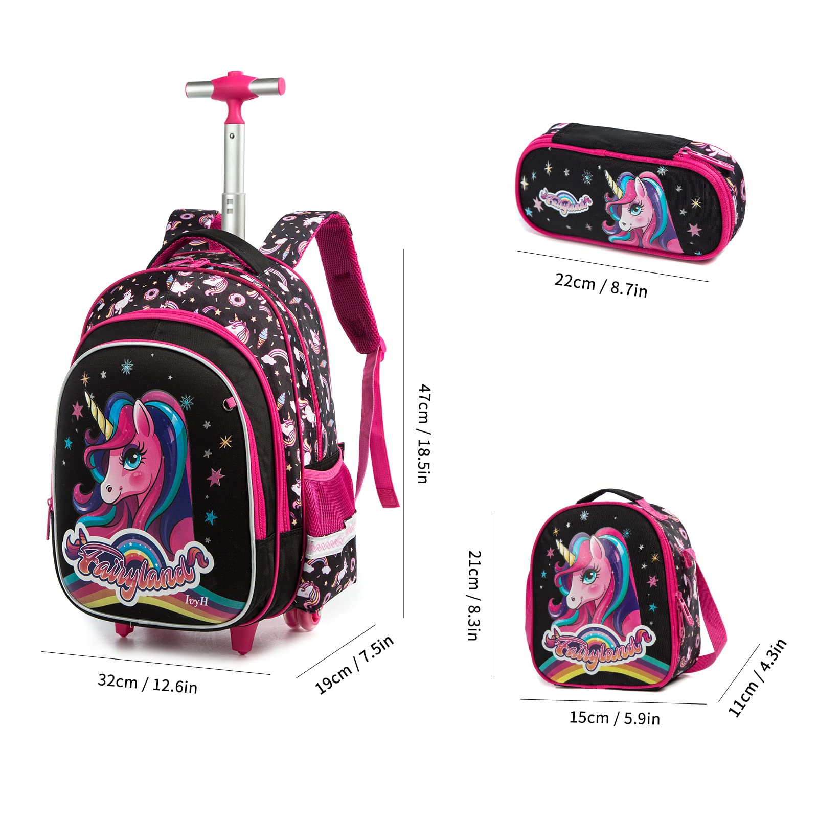3 PCs Rolling Backpack with Lunch Bag Pencil Case, 16 inch Lightweight Roller Backpacks for Girls Elementary, PU Leather Backpack with Wheels for School Travel, 4+ years old, Black Unicorn