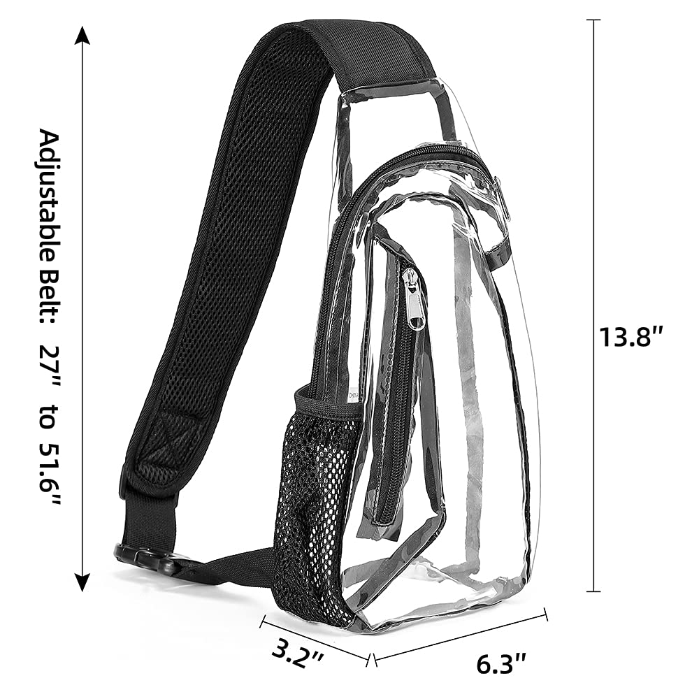 Clear Sling Bag Stadium Approved, Comfortable Small Clear Backpack for Women & Men, Clear Crossbody Stadium Bag, Transparent Bag with Mesh Pocket, Perfect for Sporting Events and Concerts (Black)