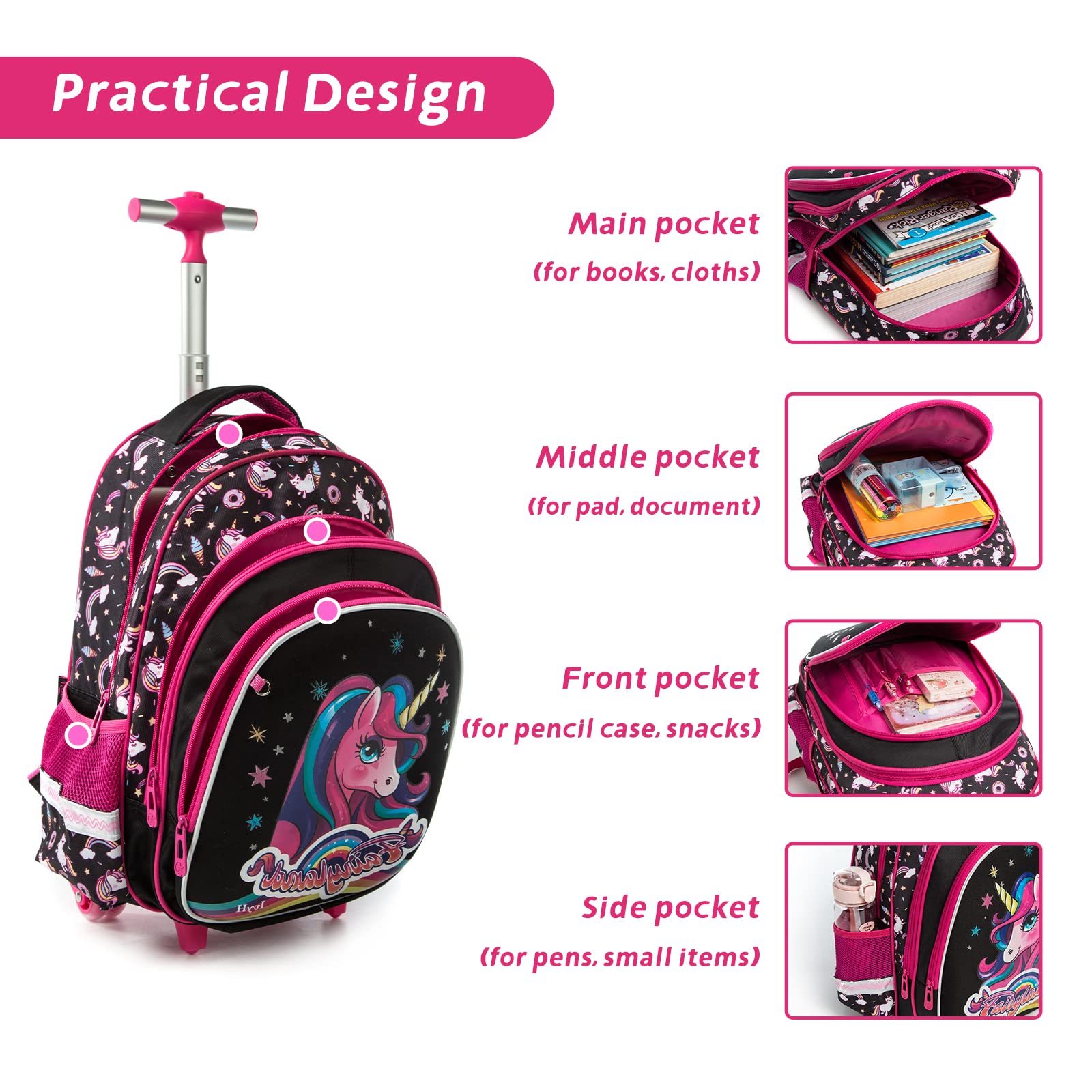 3 PCs Rolling Backpack with Lunch Bag Pencil Case, 16 inch Lightweight Roller Backpacks for Girls Elementary, PU Leather Backpack with Wheels for School Travel, 4+ years old, Black Unicorn