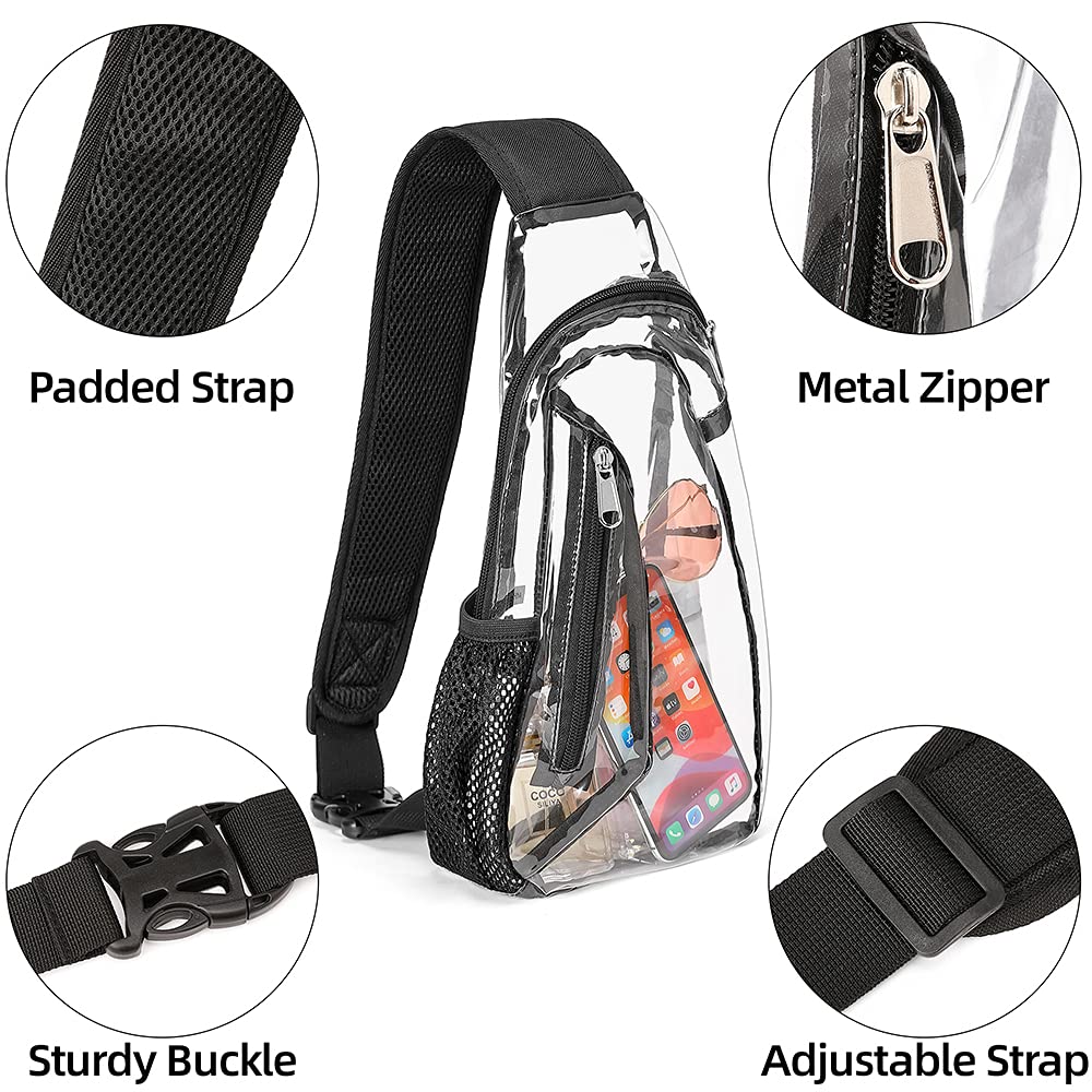 Clear Sling Bag Stadium Approved, Comfortable Small Clear Backpack for Women & Men, Clear Crossbody Stadium Bag, Transparent Bag with Mesh Pocket, Perfect for Sporting Events and Concerts (Black)