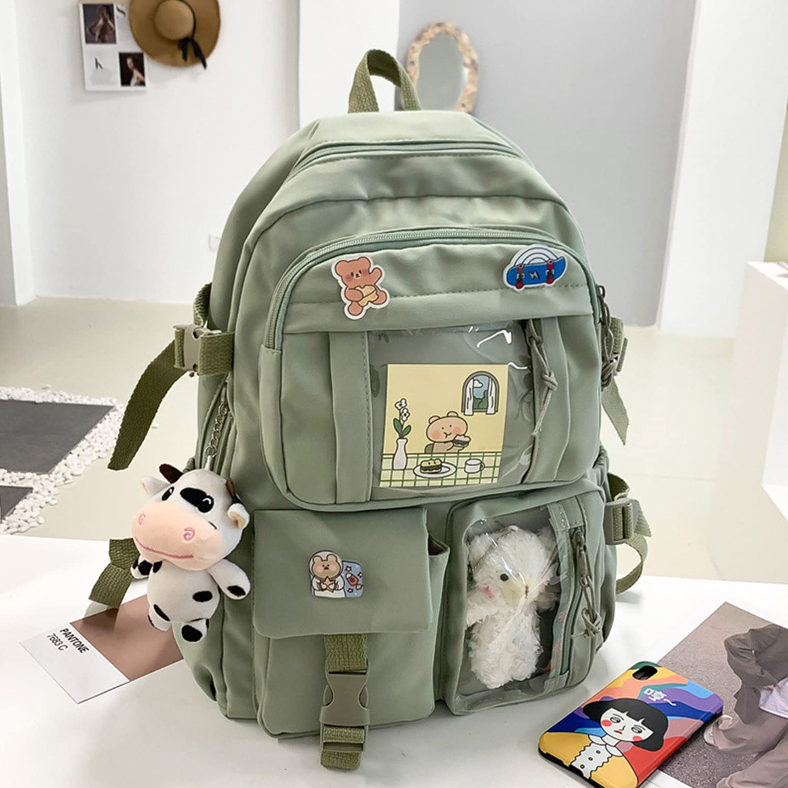 Kawaii Backpack Cute School Backpack Aesthetic Bookbags with Kawaii Pin Accessories for Teen Girls Green
