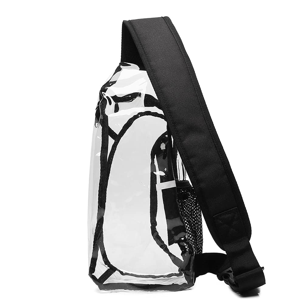 Clear Sling Bag Stadium Approved, Comfortable Small Clear Backpack for Women & Men, Clear Crossbody Stadium Bag, Transparent Bag with Mesh Pocket, Perfect for Sporting Events and Concerts (Black)