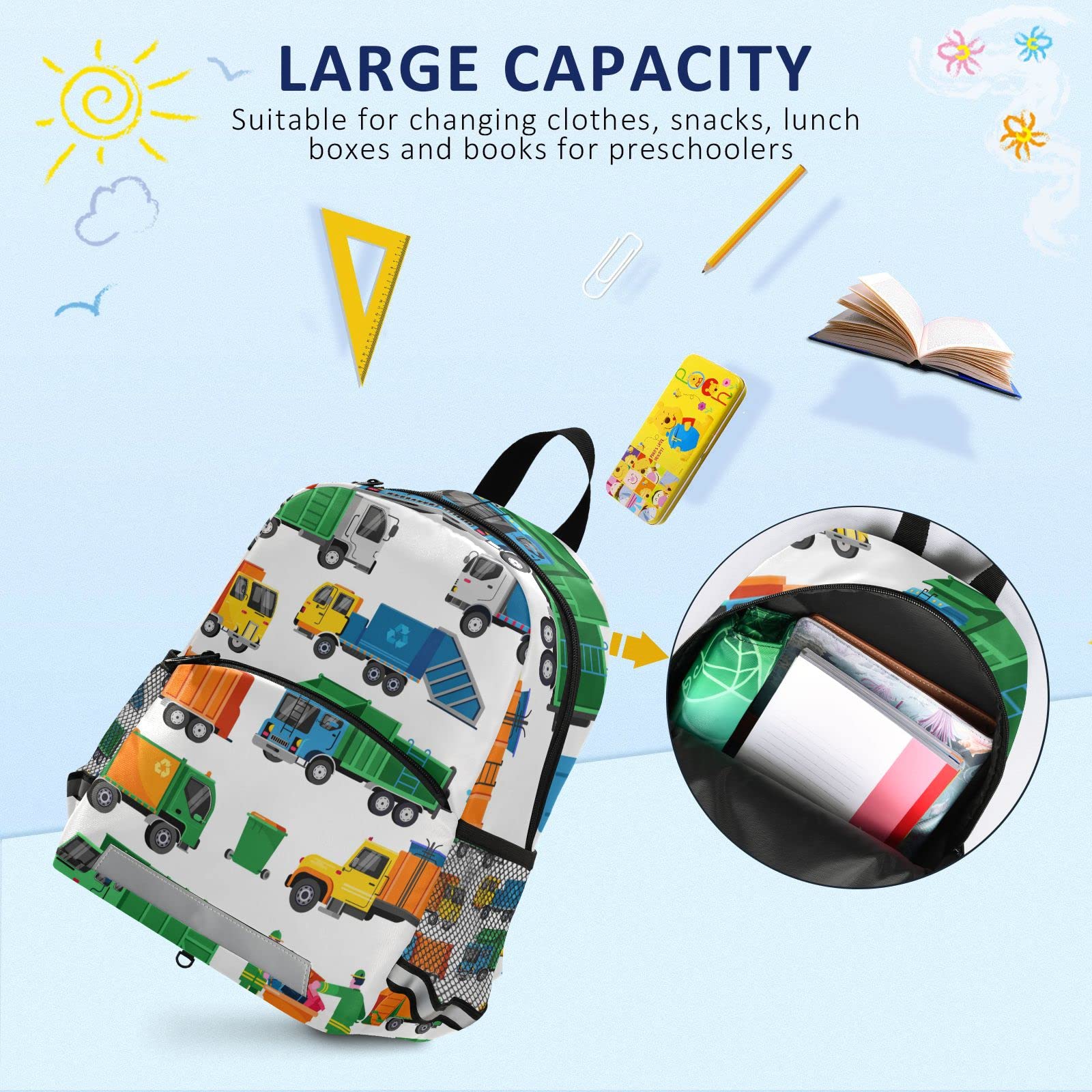 Garbage Truck Preschool Backpacks,Kid's Casual Travel Bookbag with Leash,Cute Toddler Backpacks for Boys and Girls