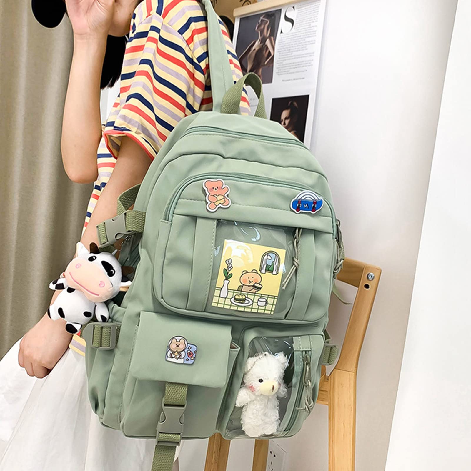 Kawaii Backpack Cute School Backpack Aesthetic Bookbags with Kawaii Pin Accessories for Teen Girls Green