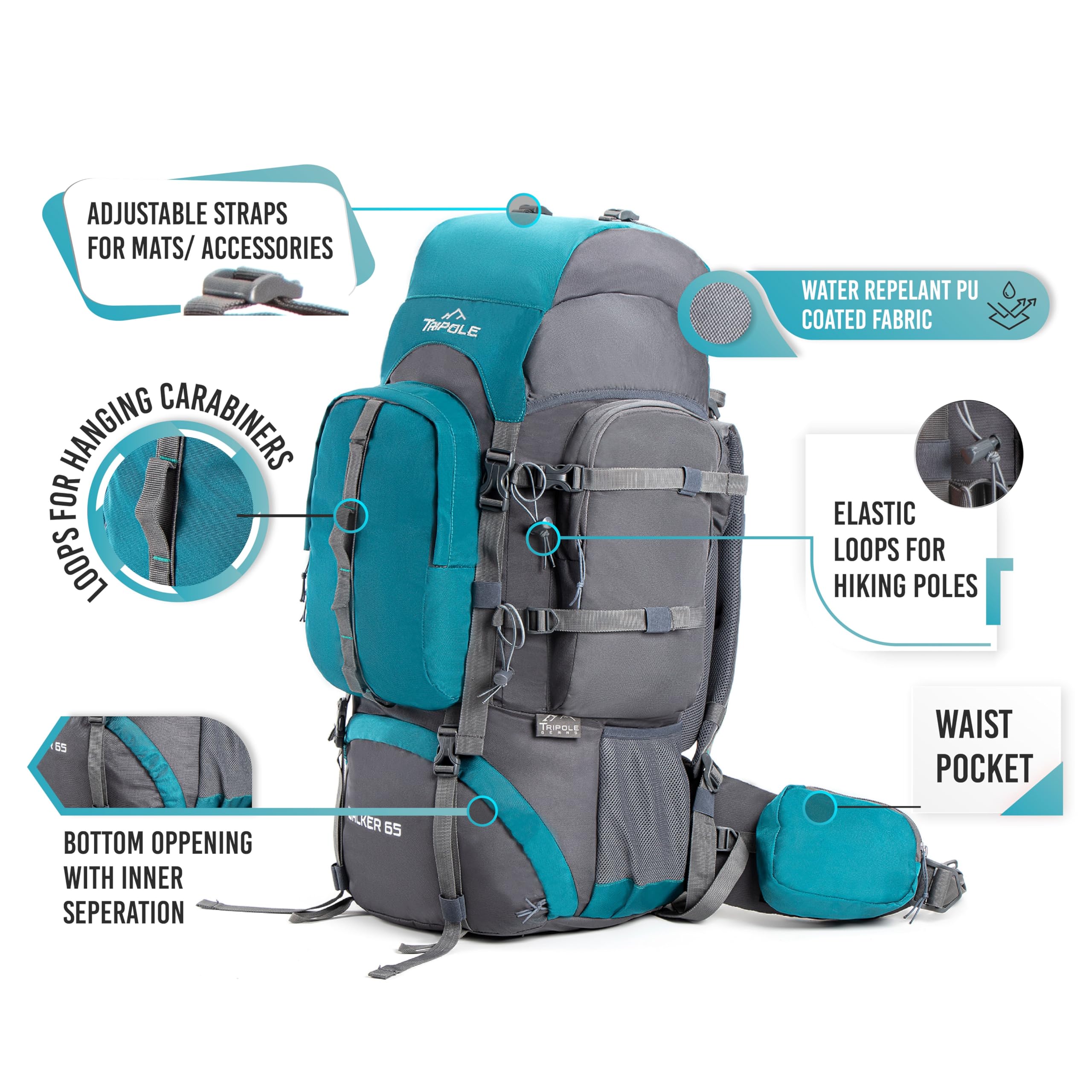 Tripole Walker 65 Litres Rucksack With 20 Litre Foldable Day Pack | Internal Frame With Metal Rod | Rain Cover | Bottom Opening | Laptop Section (Sea Green)
