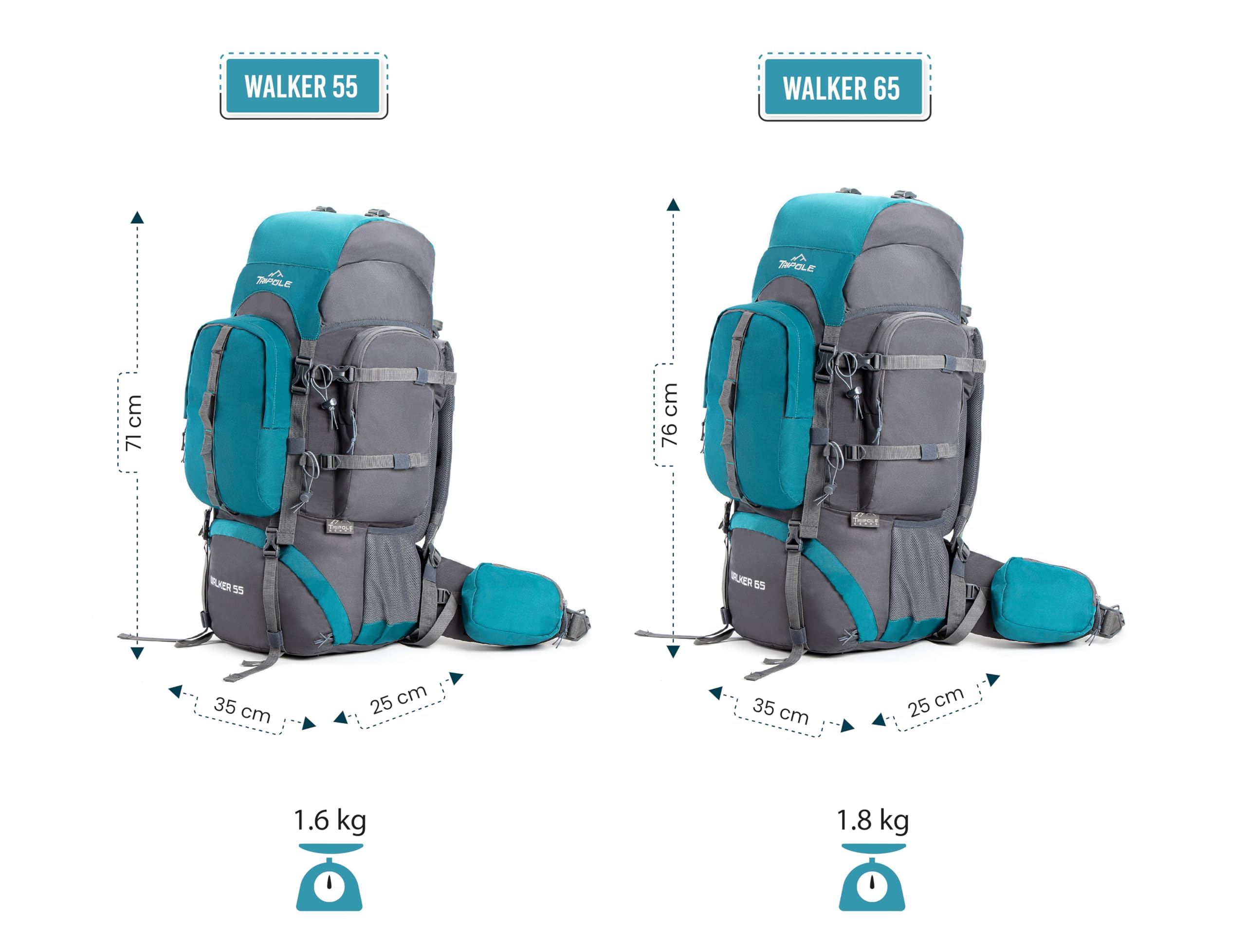 Tripole Walker 65 Litres Rucksack With 20 Litre Foldable Day Pack | Internal Frame With Metal Rod | Rain Cover | Bottom Opening | Laptop Section (Sea Green)