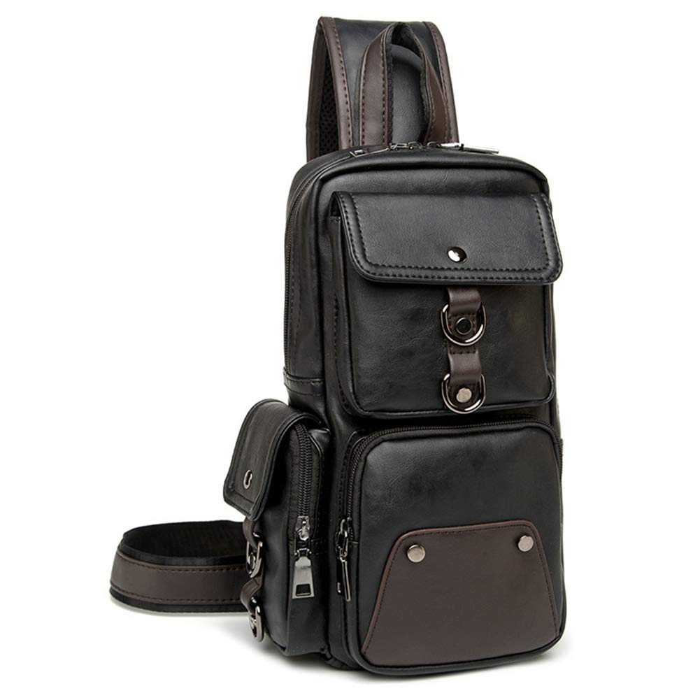 QICHUANG Men Sling Bag PU Leather Unbalance Chest Shoulder Bags Casual Crossbody Bag Travel Hiking Daypacks Gift for Men (black)