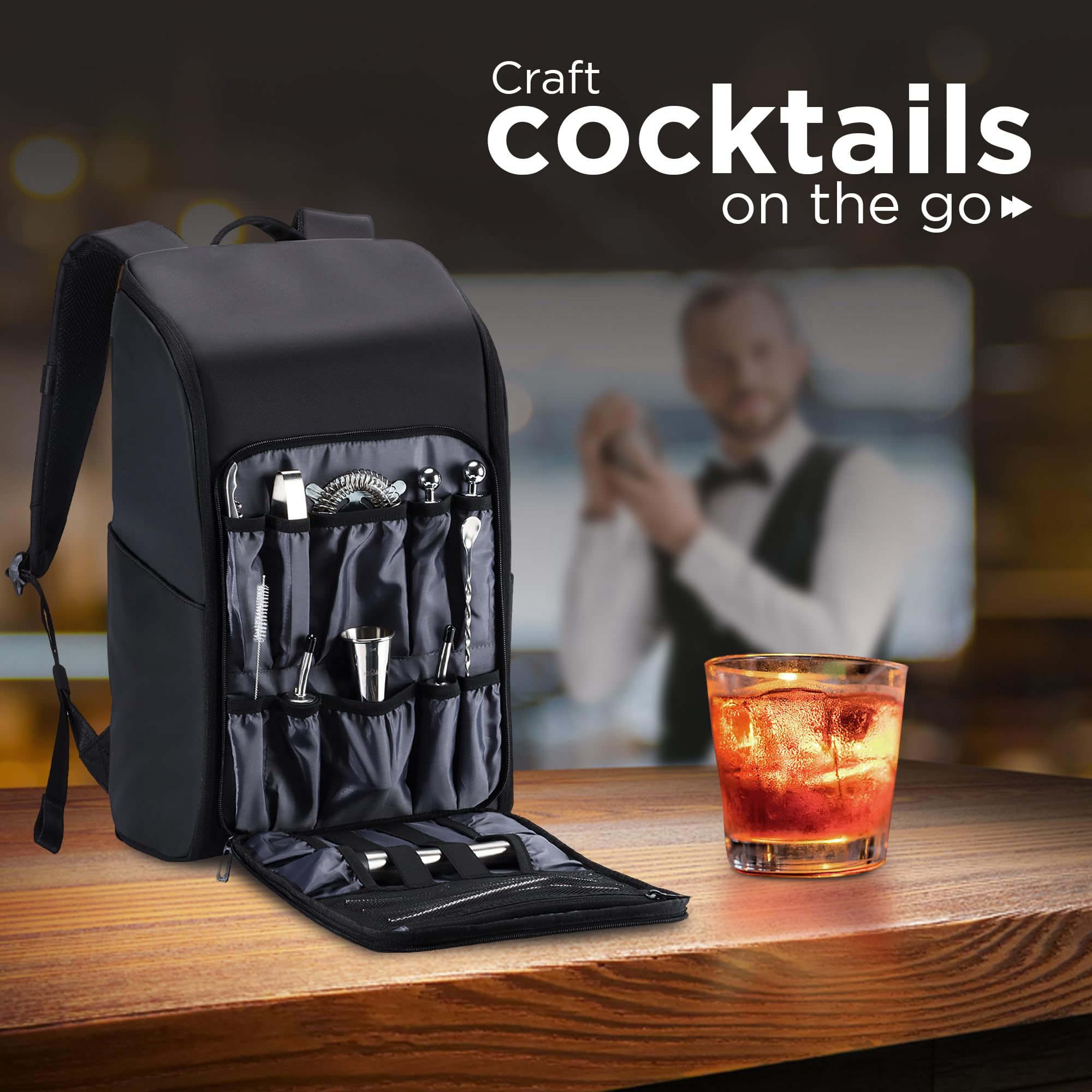 TEAVAS Large Bartender Bag- 16 Inch Portable Bar Bag Backpack, Travel Laptop Backpack, Portable Bartending Kit, Bartender Travel Bag for Carrying Accessories (BAG ONLY)