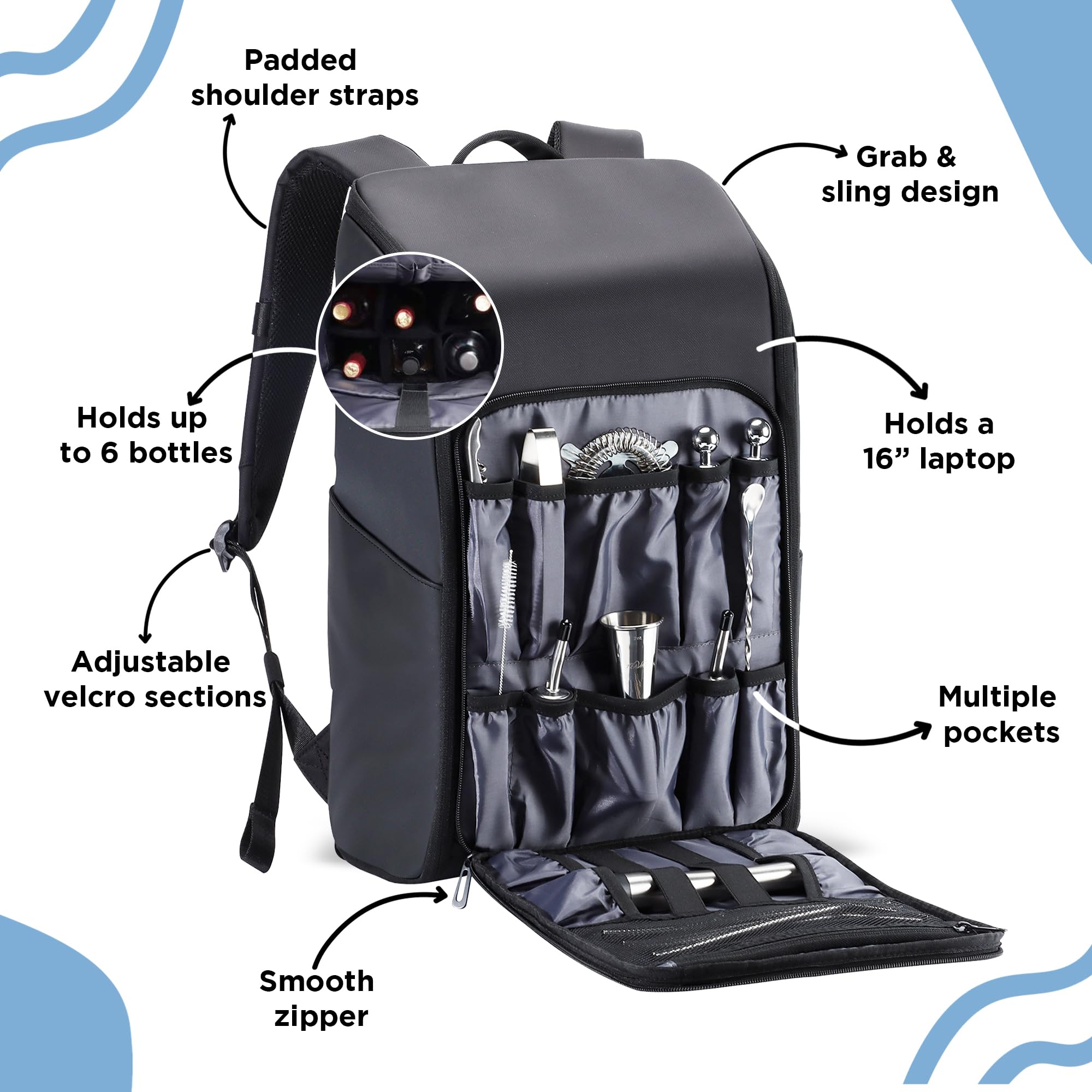 TEAVAS Large Bartender Bag- 16 Inch Portable Bar Bag Backpack, Travel Laptop Backpack, Portable Bartending Kit, Bartender Travel Bag for Carrying Accessories (BAG ONLY)