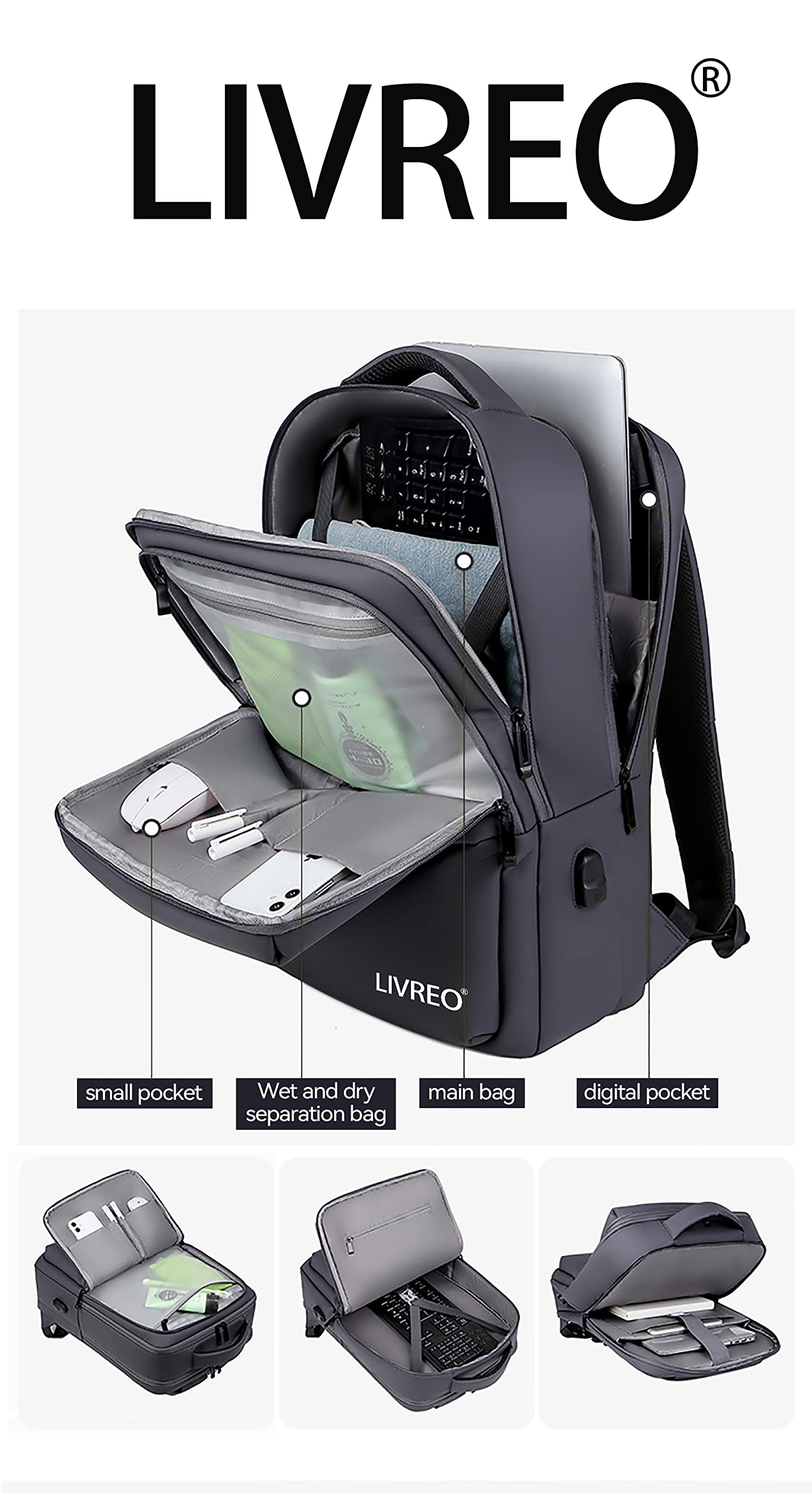 Livreo Backpacks for travelers, backpacks for business negotiations, backpacks for men at work, laptop backpacks, college backpacks.This is a multi-purpose backpack with USB(15.6-inch black)