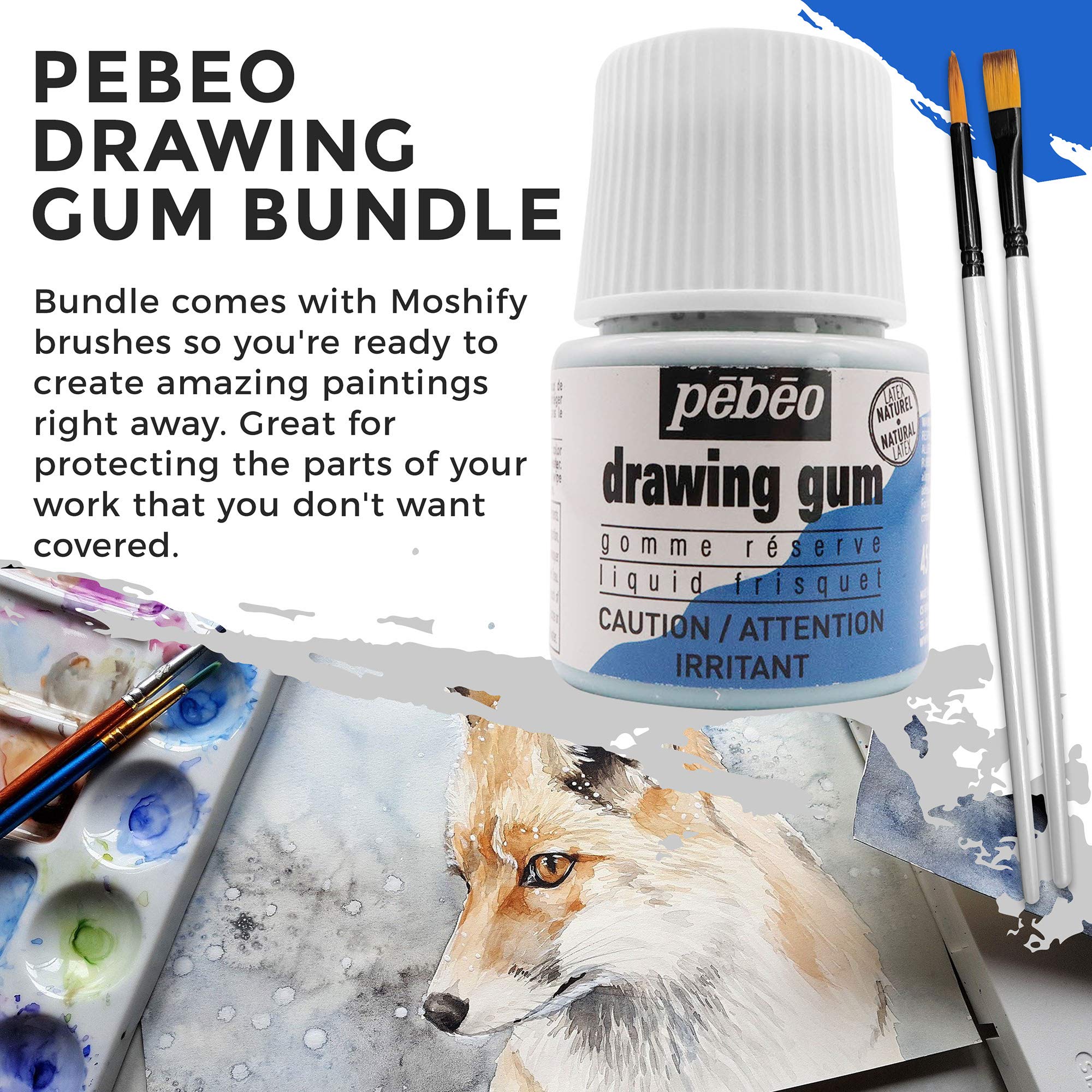 Pebeo Drawing Gum Made in France - Masking Fluid for Watercolor Painting and Various Art Projects - Bundled with Moshify Applicator Brush Set