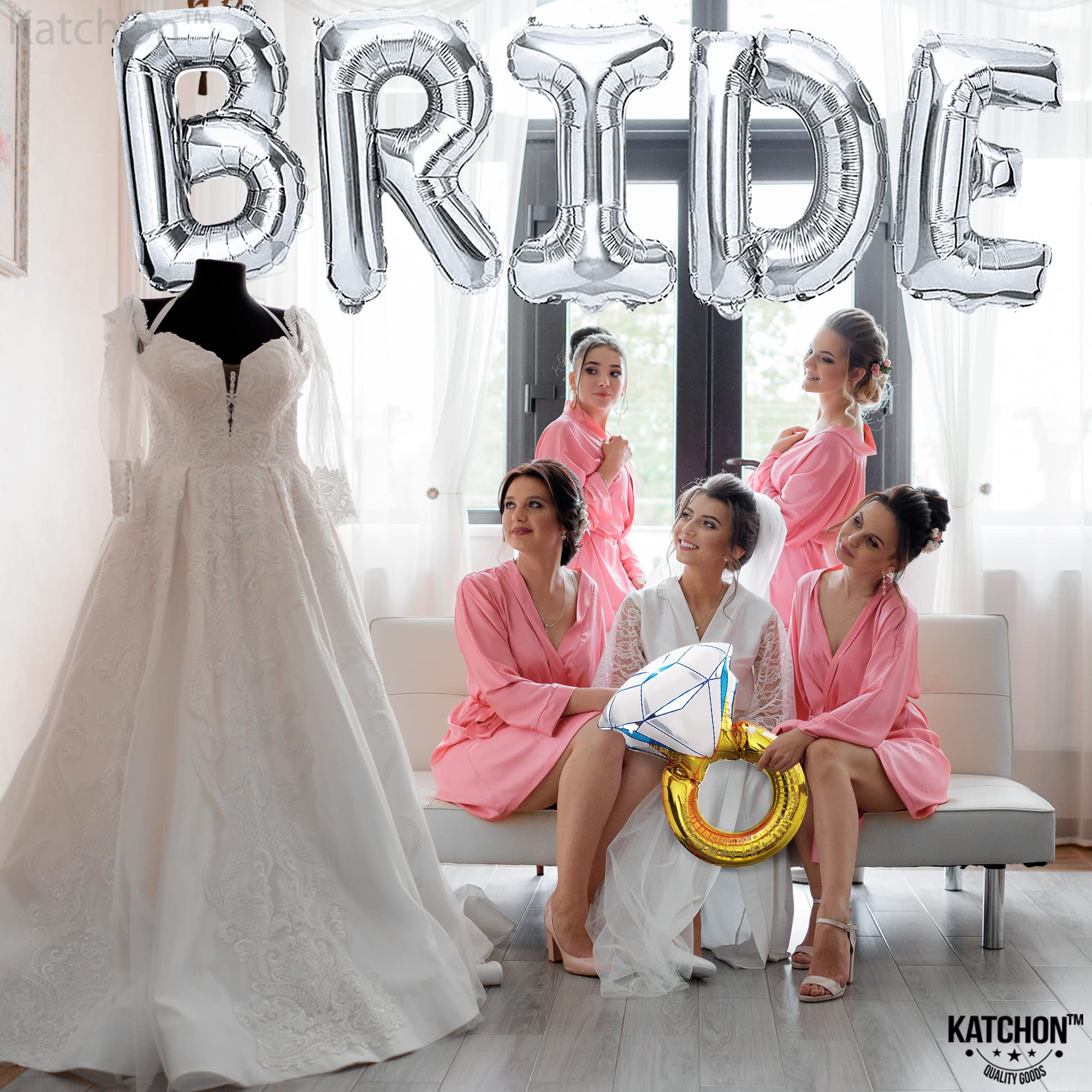 KatchOn, Giant 40 Inch Bride Balloons Silver - Diamond Ring Balloons, 28 Inch | Silver Bride Balloons Bachelorette Party Decorations | Bride Decorations for Wedding Day, Bridal Shower Decorations