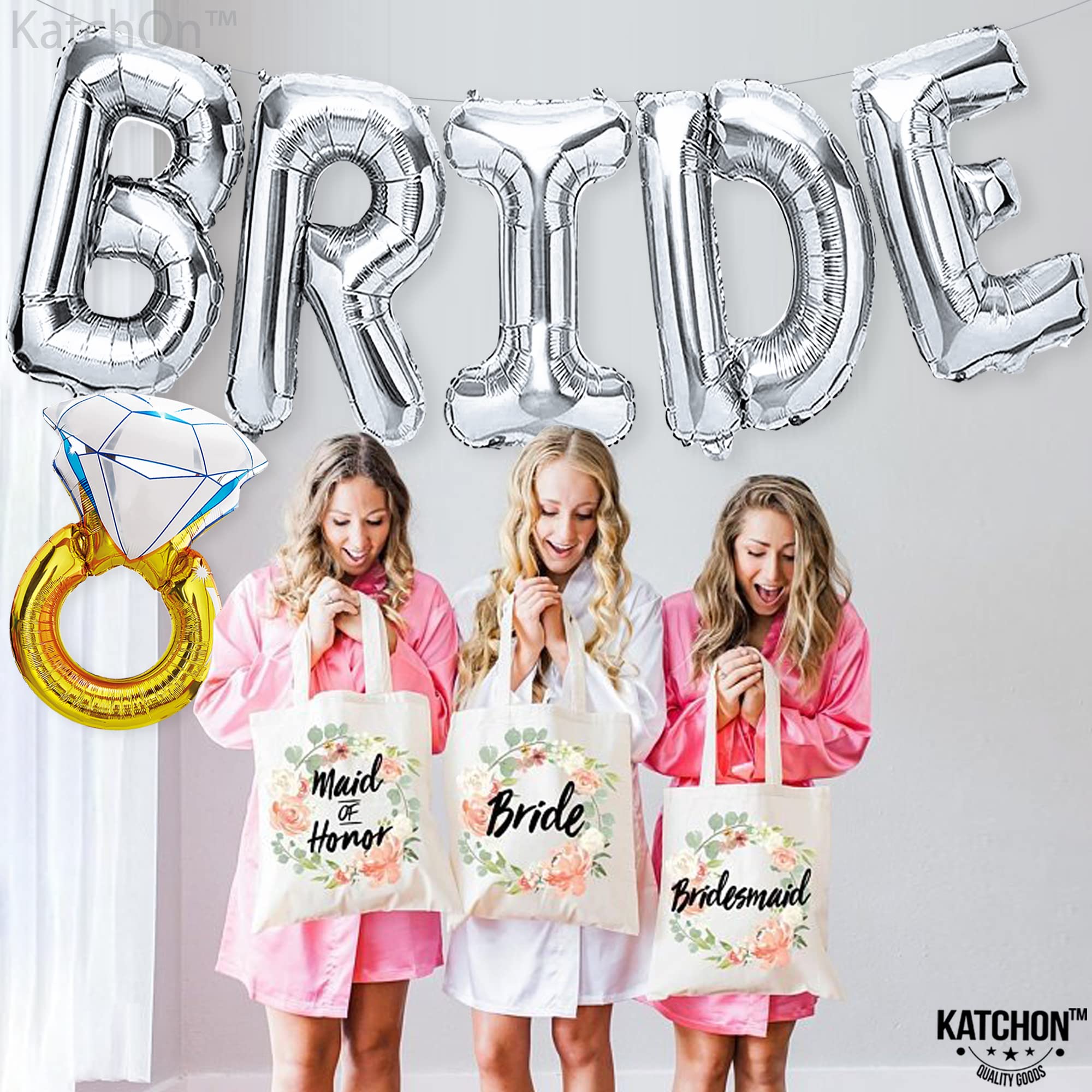 KatchOn, Giant 40 Inch Bride Balloons Silver - Diamond Ring Balloons, 28 Inch | Silver Bride Balloons Bachelorette Party Decorations | Bride Decorations for Wedding Day, Bridal Shower Decorations
