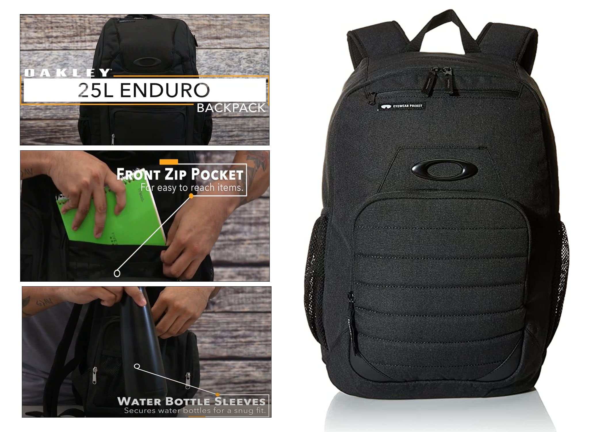 Oakley Men's 25L Enduro 4.0 25L Black/Purple Backpack for Hiking Backpacking Camping + BUNDLE with Designer iWear Water Bottle with Carabiner