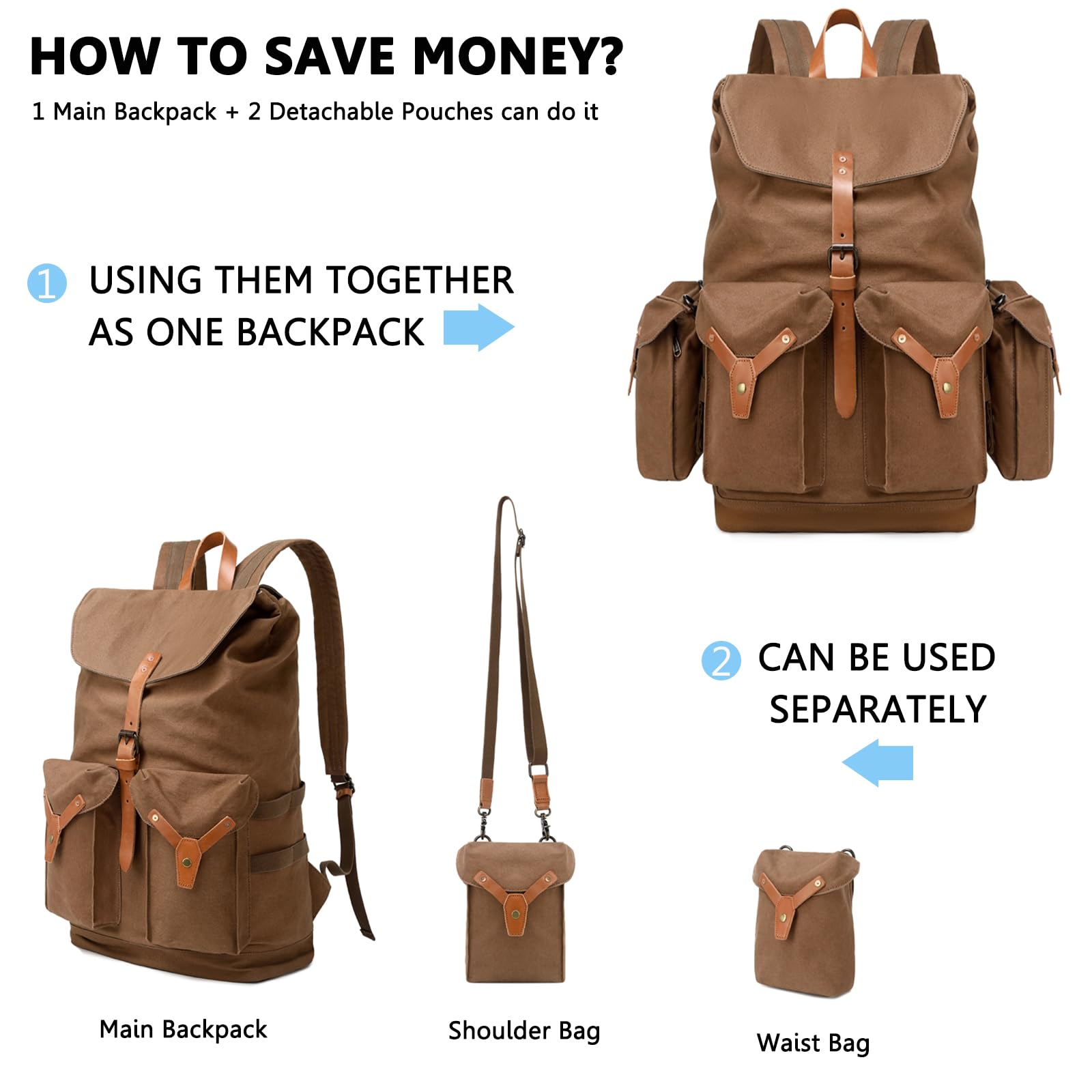 G-FAVOR Travel Backpack for Men Women, 40L Extra Large Canvas Backpack High Density Detachable Rucksack Daypack Weekender Bag for Outdoor Hiking Camping School