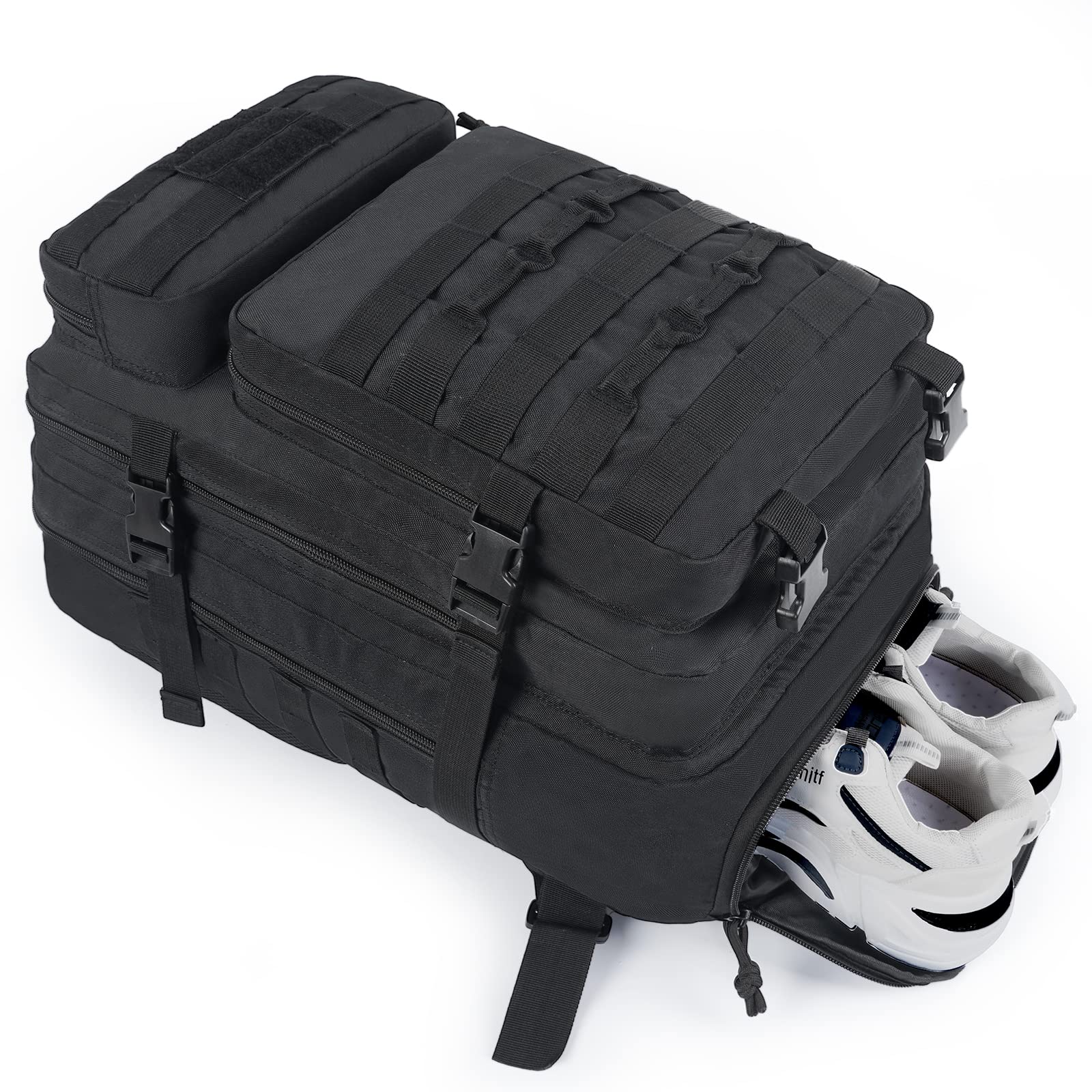 Travel Backpack with Shoe Compartment, Tactical Laptop Backpack for Men with Multi Pockets and Luggage Sleeve, Durable Military Molle Bug Out Bag for Traveling Hiking Camping Sport Outdoor, Black