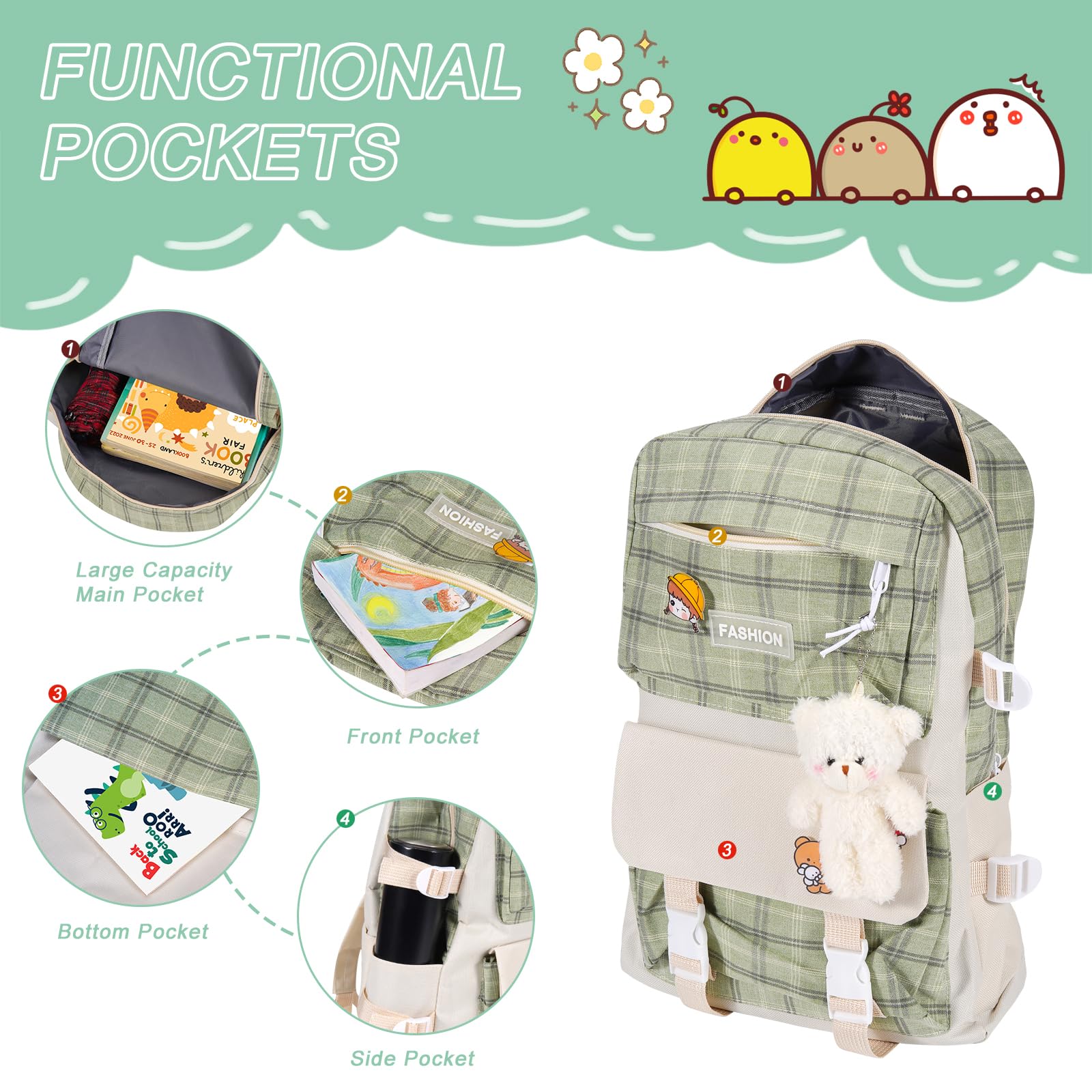 5Pcs Canvas School Backpack Combo Set with Kawaii Bear Pendant Cute Pins Plaid Check Handle Shoulder Tote Bag Schoolbag (Green)