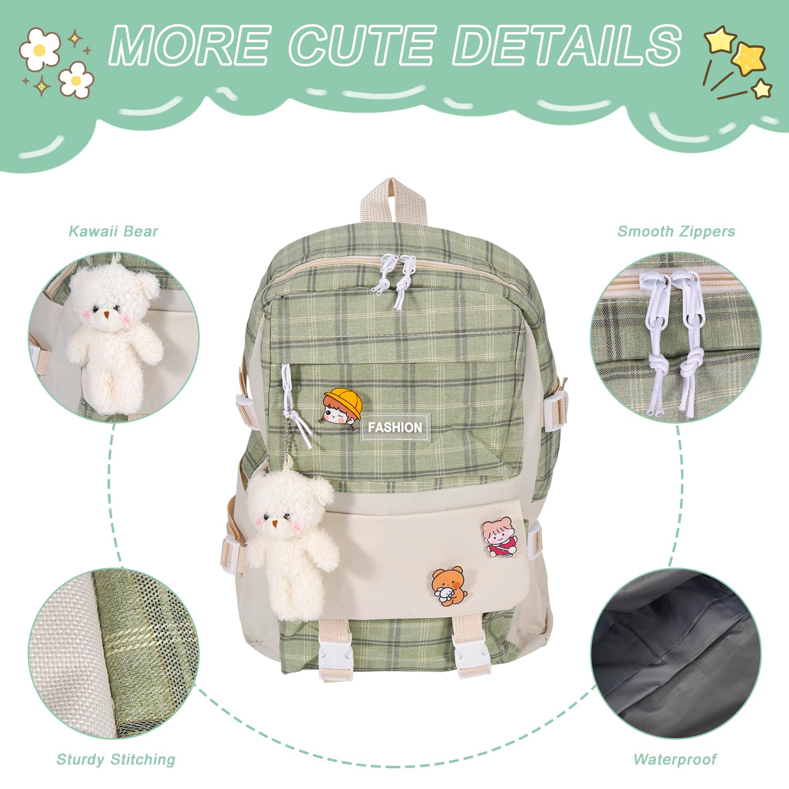 5Pcs Canvas School Backpack Combo Set with Kawaii Bear Pendant Cute Pins Plaid Check Handle Shoulder Tote Bag Schoolbag (Green)