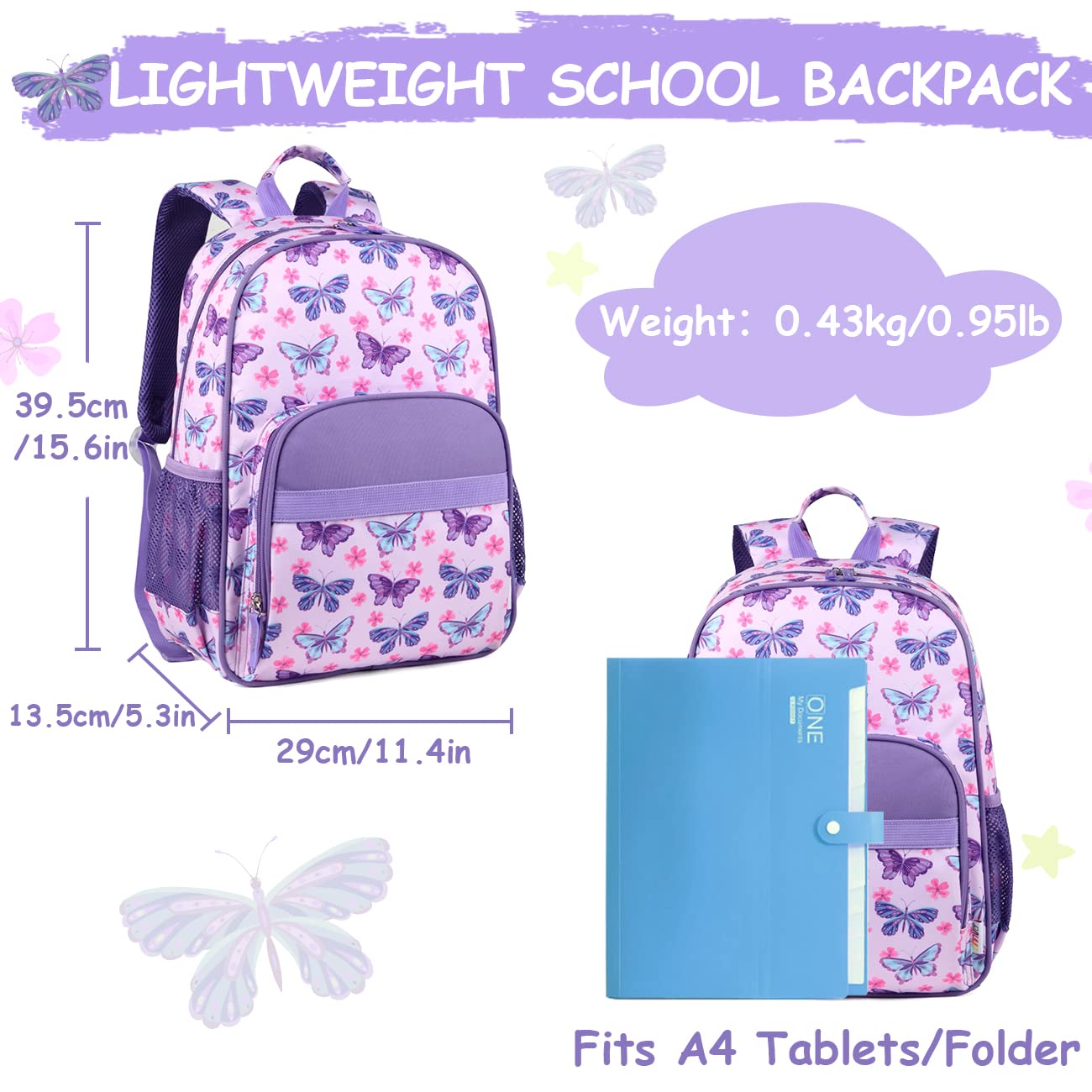 RAVUO Toddler Backpack, Cute Butterfly Kids School Backpacks Lightweight Water Resistant Girls Bookbag with Chest Strap