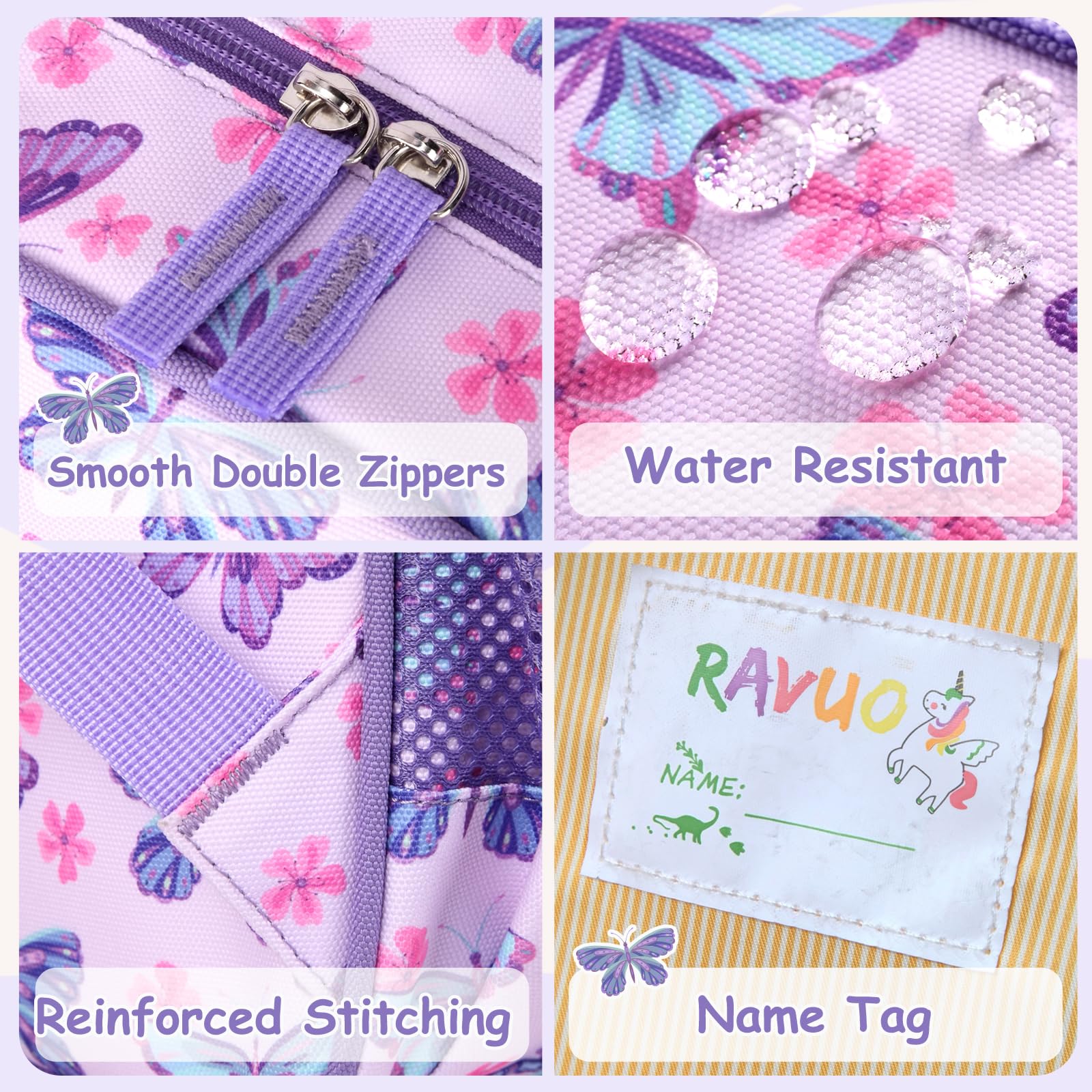 RAVUO Toddler Backpack, Cute Butterfly Kids School Backpacks Lightweight Water Resistant Girls Bookbag with Chest Strap
