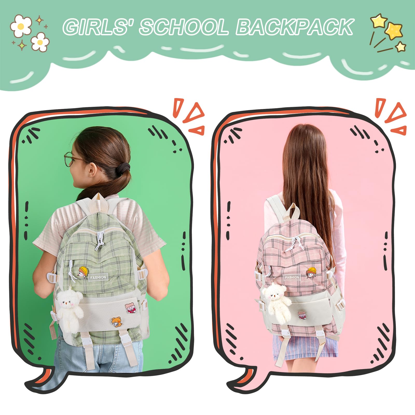 5Pcs Canvas School Backpack Combo Set with Kawaii Bear Pendant Cute Pins Plaid Check Handle Shoulder Tote Bag Schoolbag (Green)