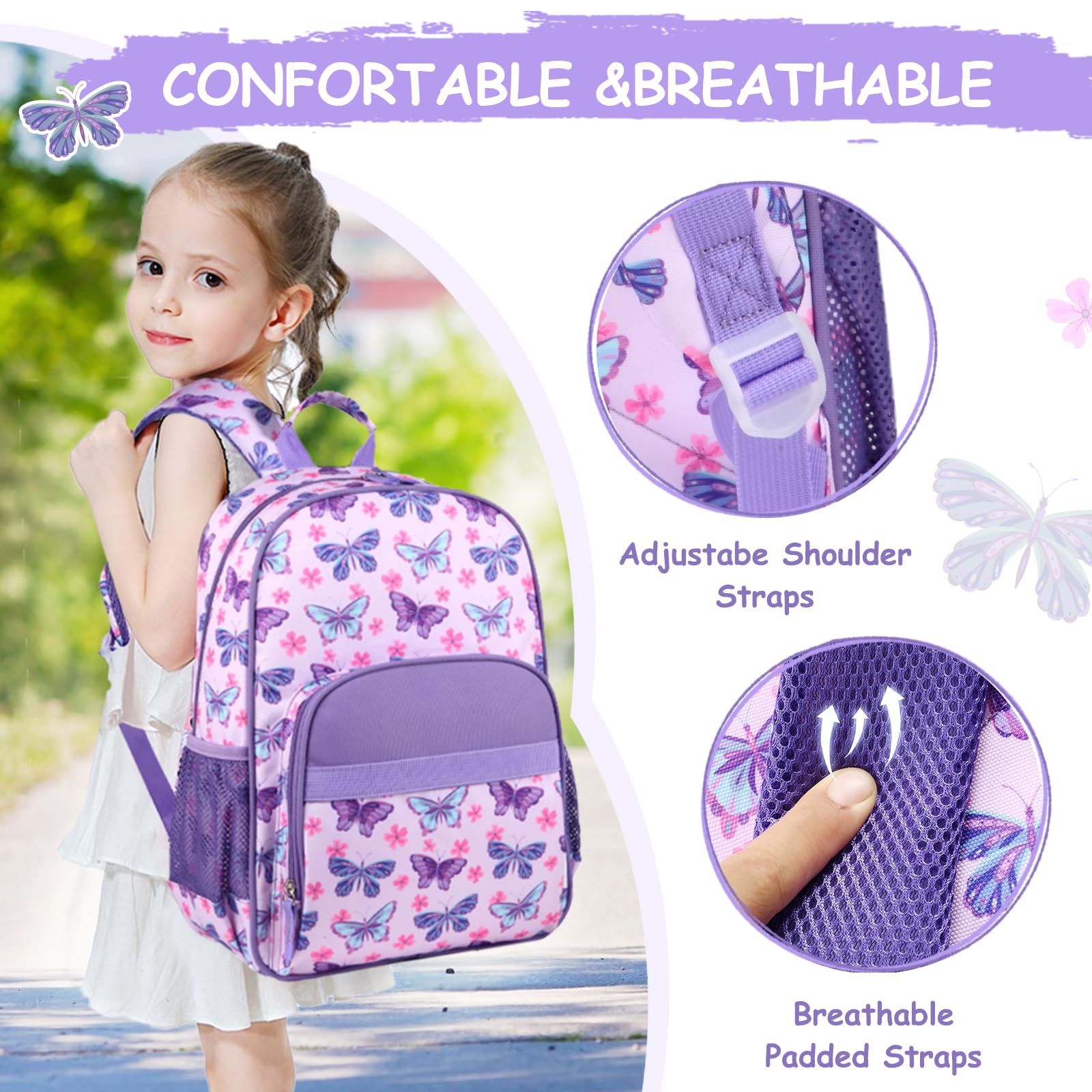 RAVUO Toddler Backpack, Cute Butterfly Kids School Backpacks Lightweight Water Resistant Girls Bookbag with Chest Strap