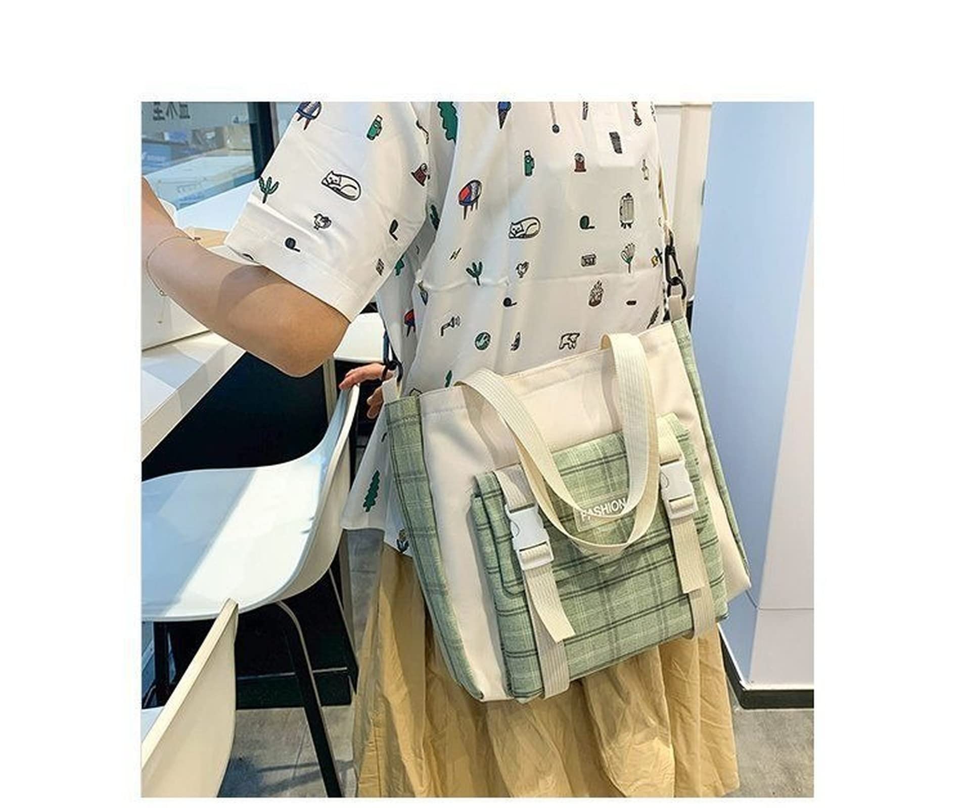 5Pcs Canvas School Backpack Combo Set with Kawaii Bear Pendant Cute Pins Plaid Check Handle Shoulder Tote Bag Schoolbag (Green)